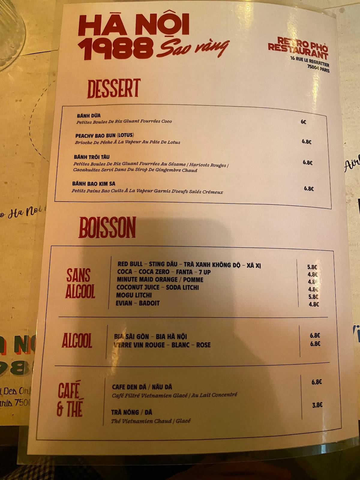 Menu au Ha Noi 1988 Sao Vang restaurant, Paris