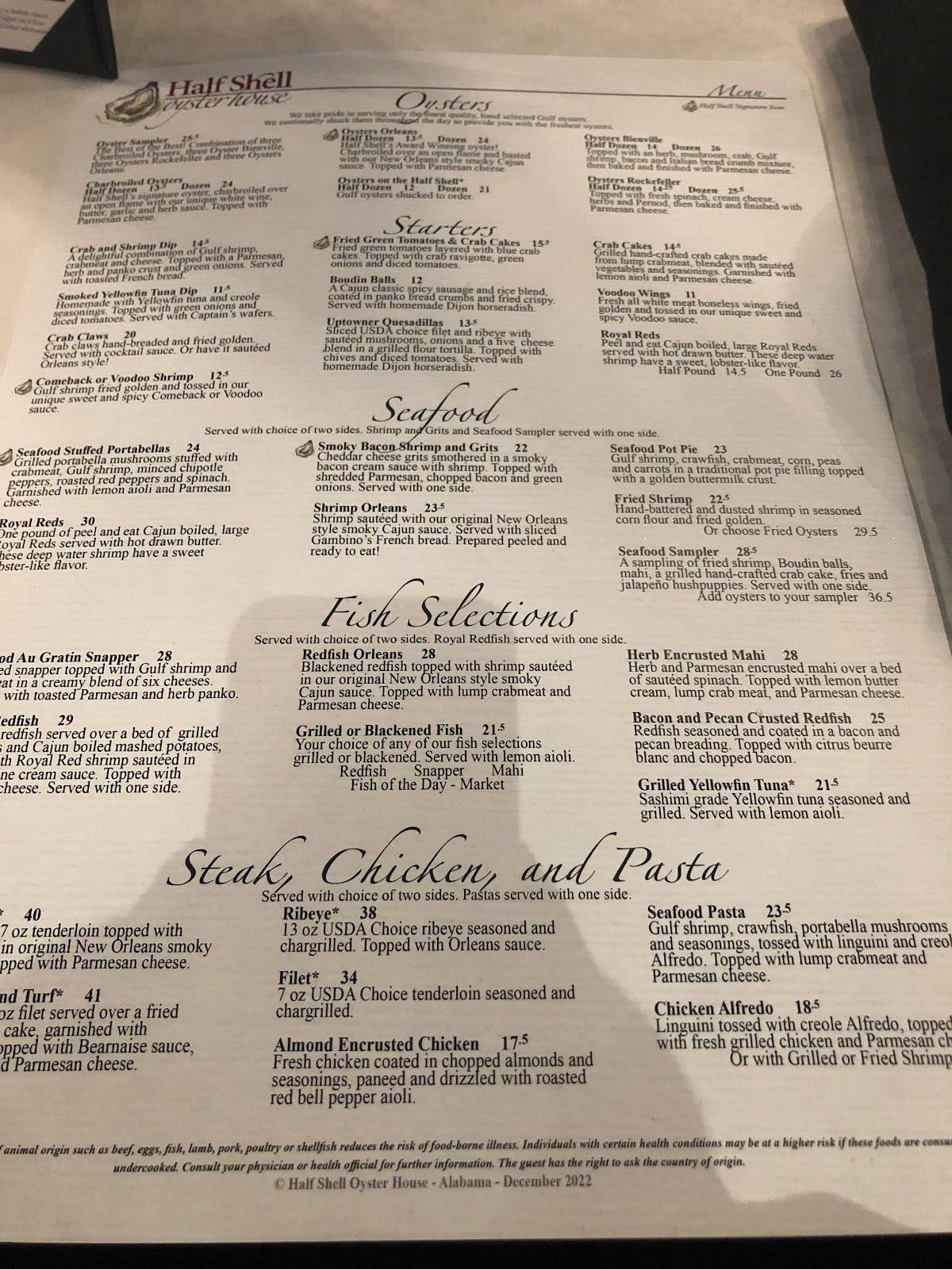 Menu at Half Shell Oyster House Trussville restaurant, Trussville