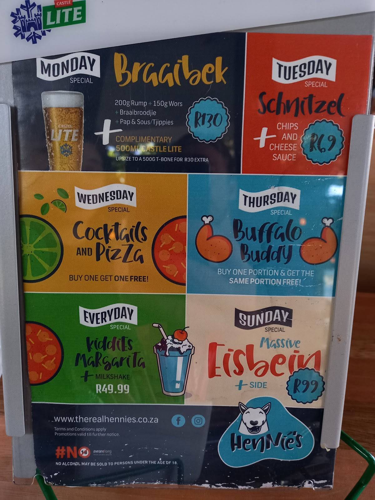 Menu at Hennie's Rustenburg Restaurant, Rustenburg