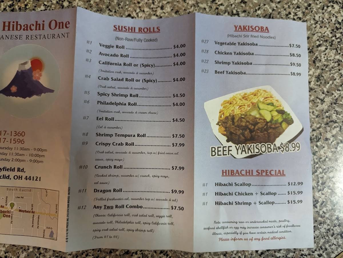 Menu at Hibachi One restaurant, South Euclid