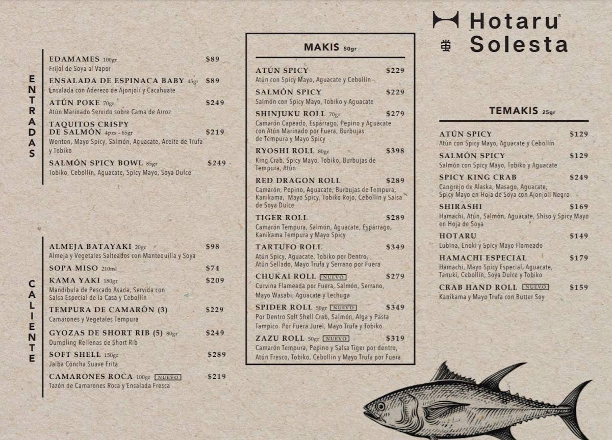 Menu at Hotaru Puebla restaurant, Puebla City