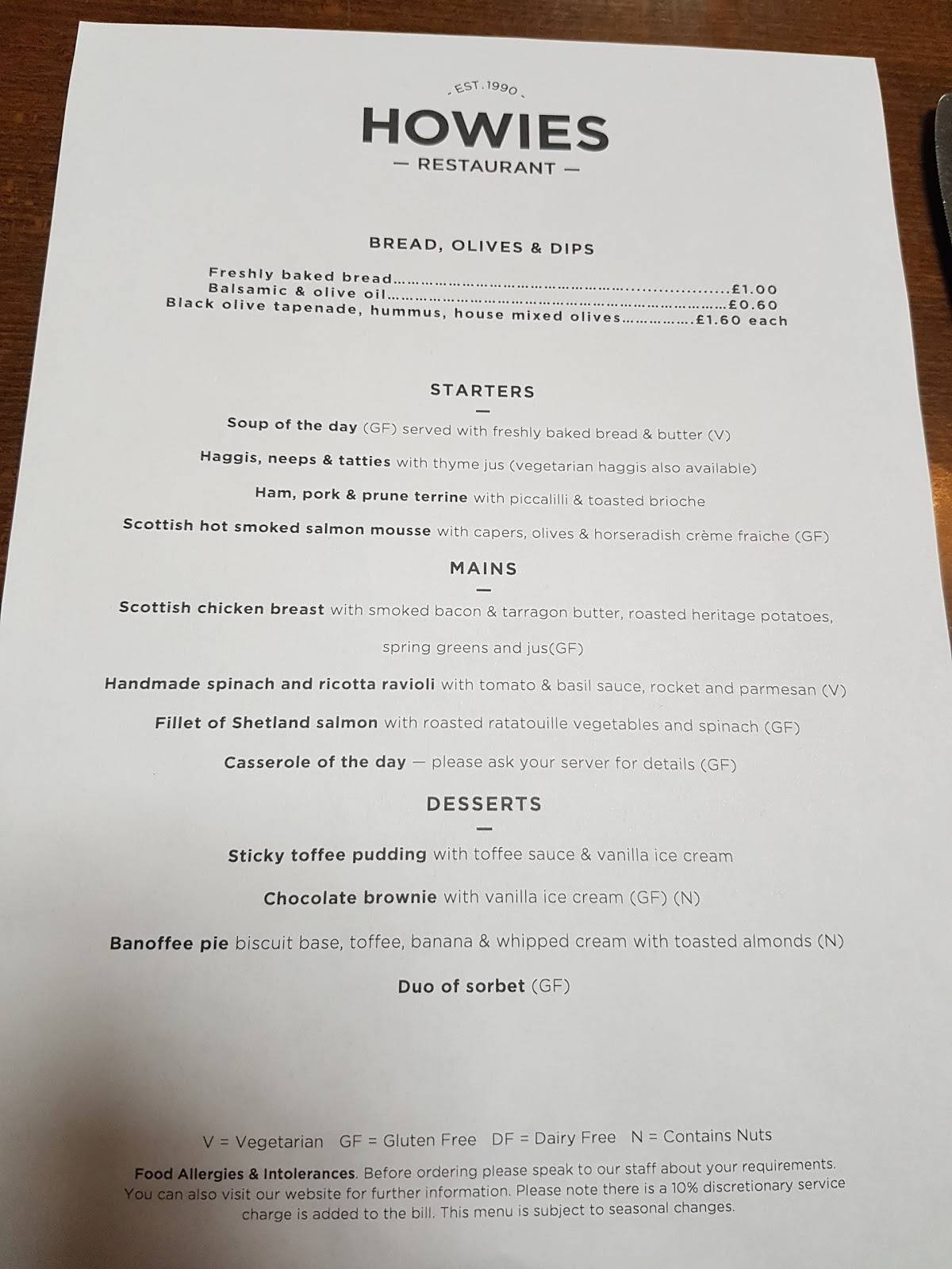 Menu at Howies Restaurant Waterloo Place, Edinburgh, Waterloo Place