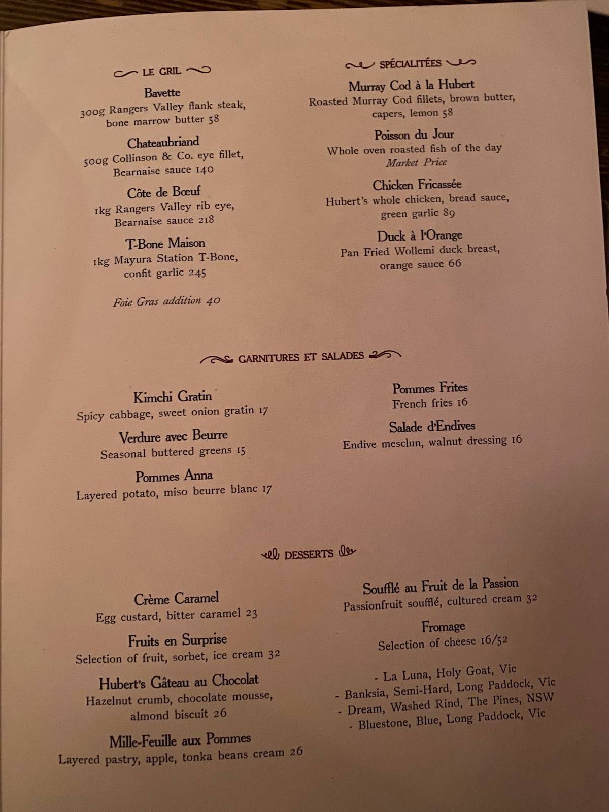 Menu at Restaurant Hubert, Sydney