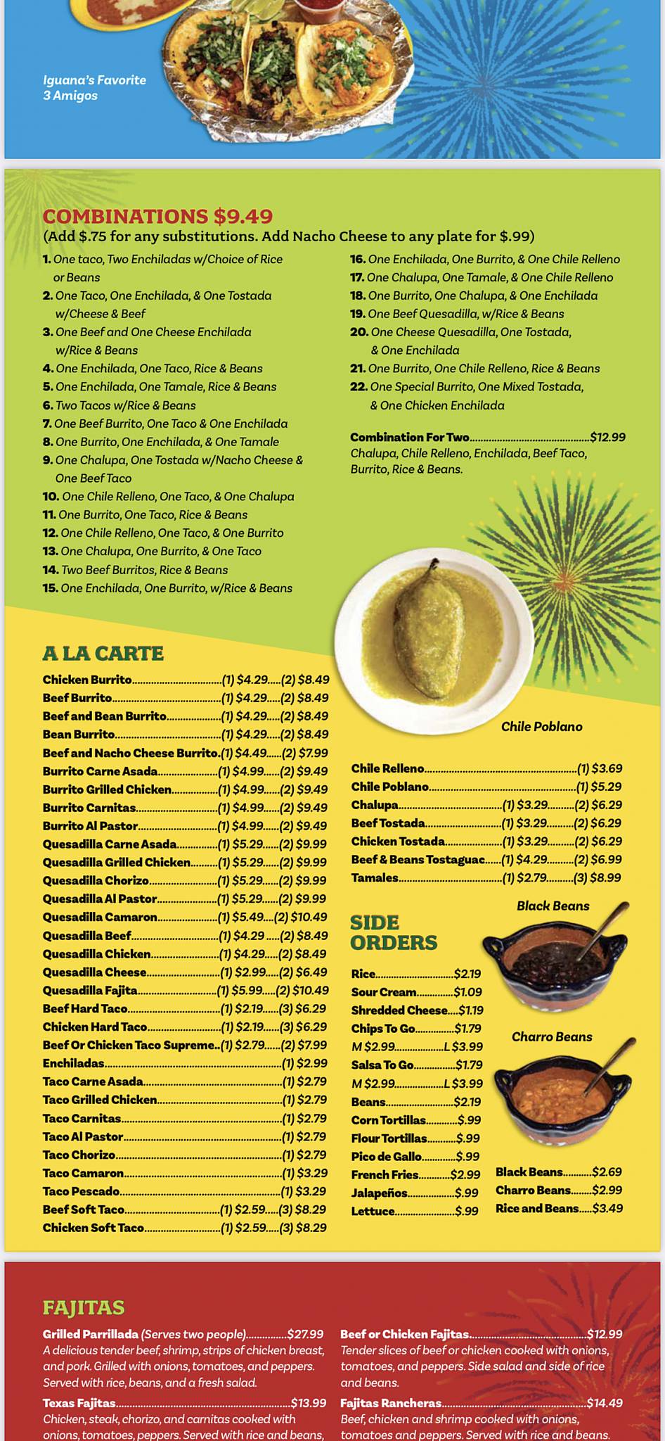 Menu at Iguana's Mexican restaurant, Plainfield