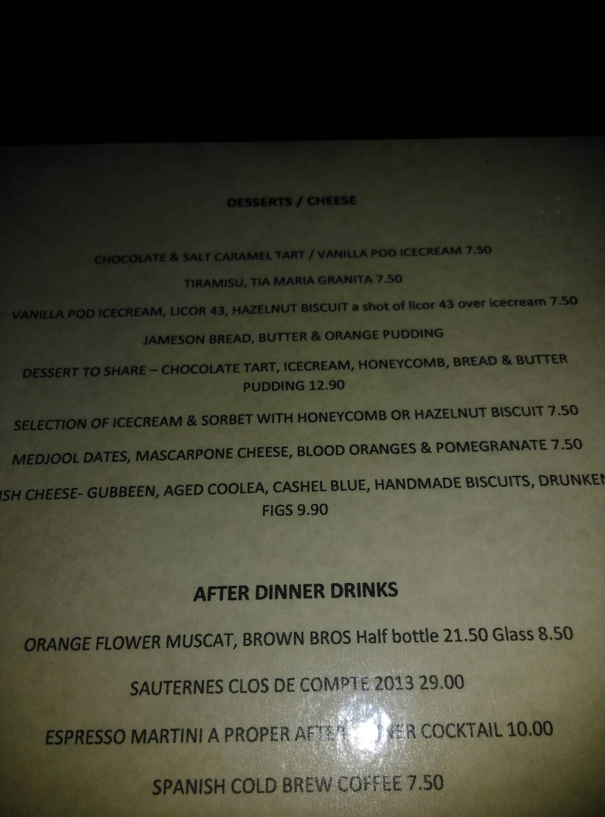 Menu at Jacques Restaurant, Cork