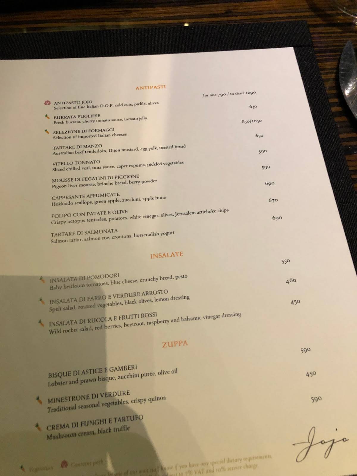 Carta del restaurante Jojo, Bangkok, 159 Rajadamri Road