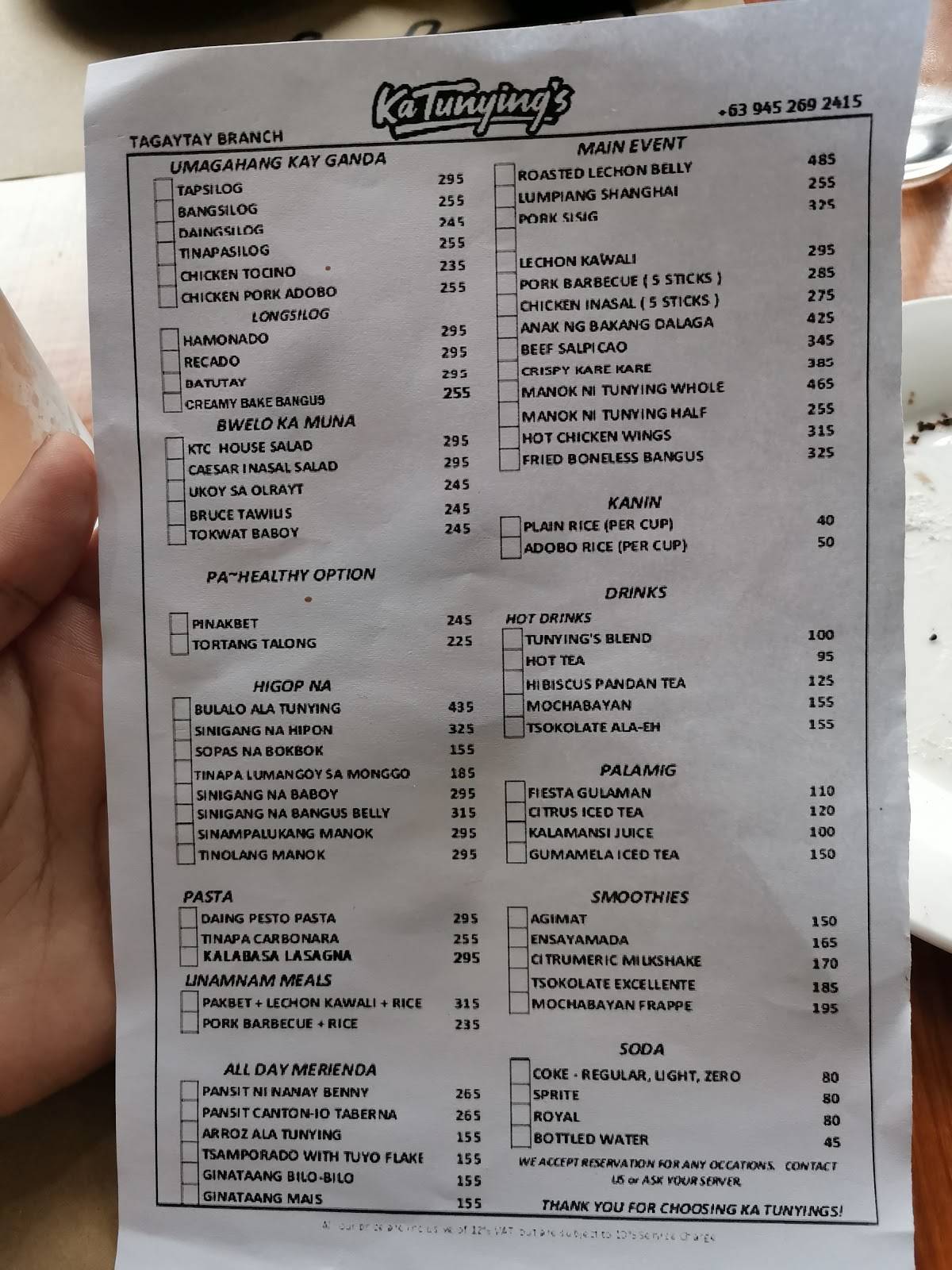 Menu at Ka Tunying's Tagaytay restaurant, Tagaytay, Unid D