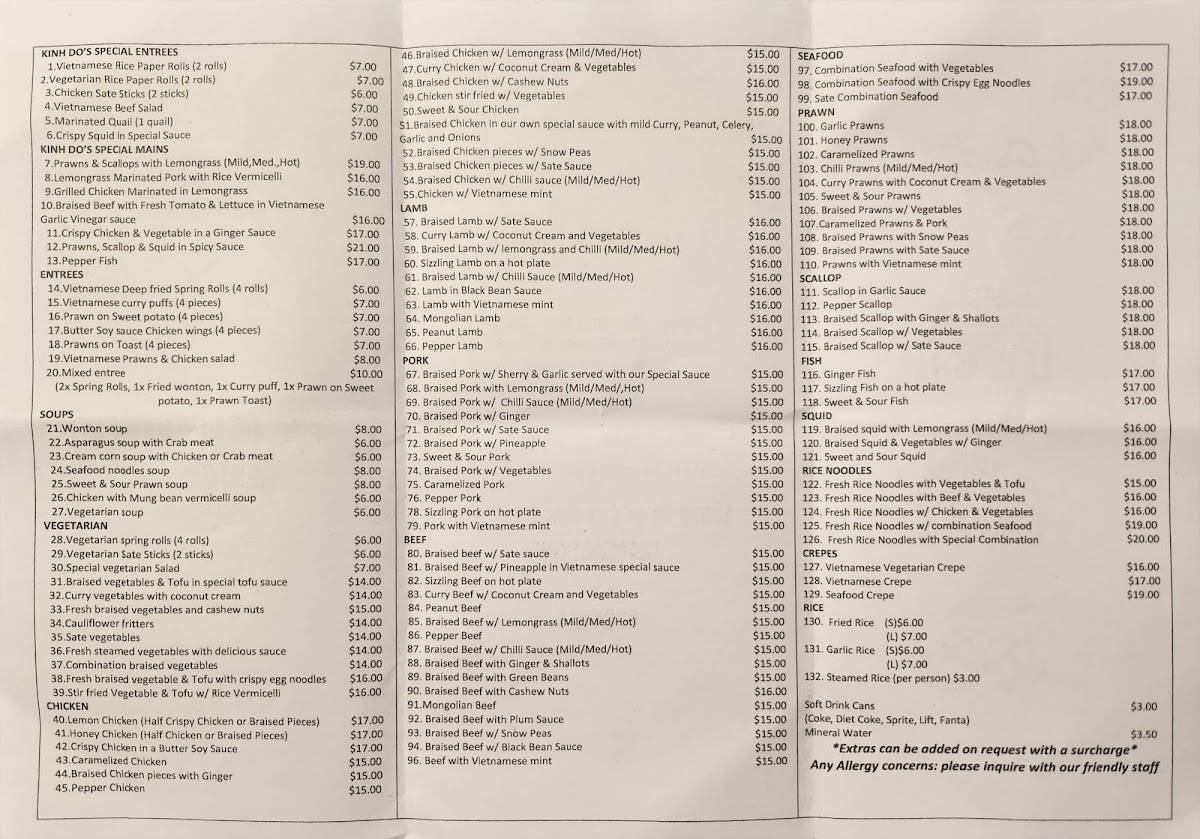 Menu at Kinh Do restaurant, Macquarie