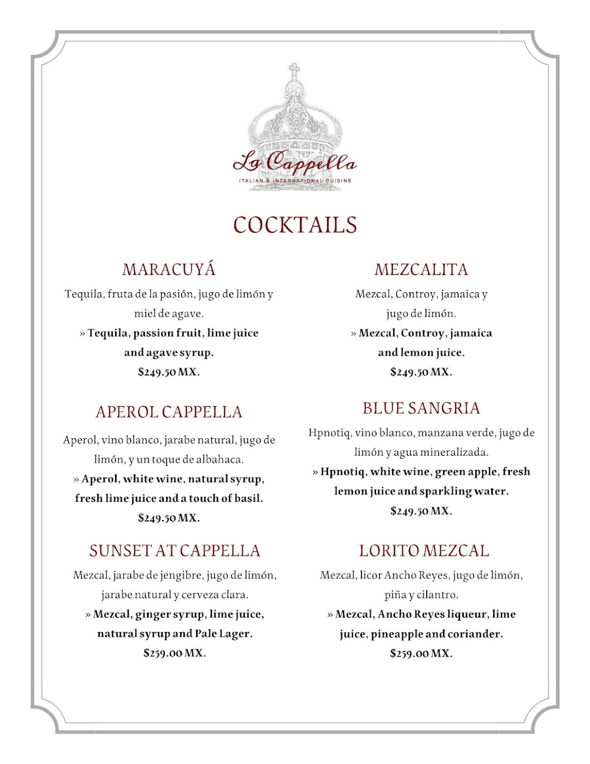 Menu at La Cappella Restaurante, Puerto Vallarta