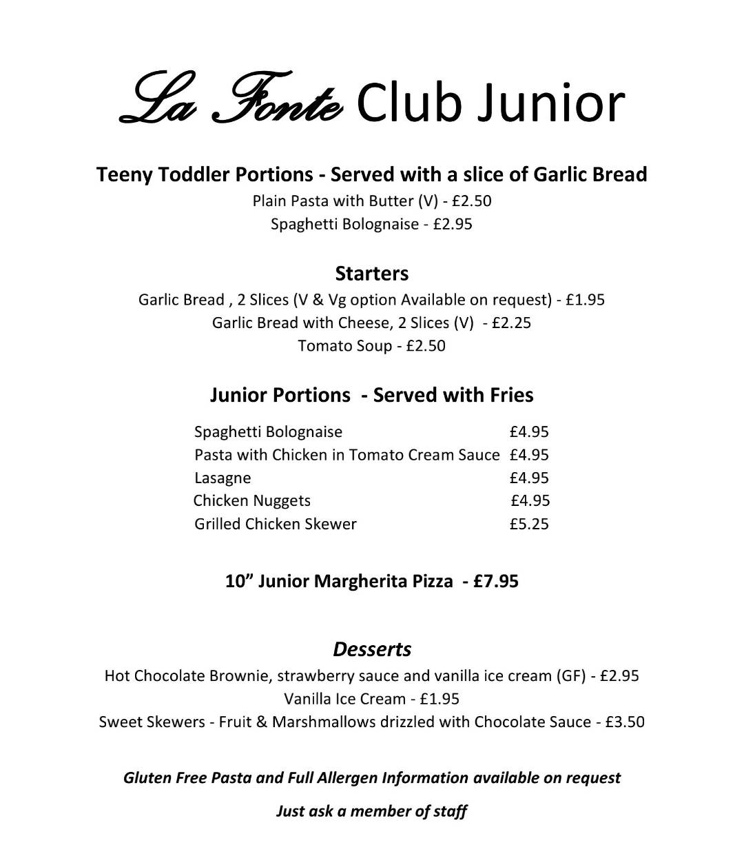 Menu at La Fonte Italian Restaurant, Corby