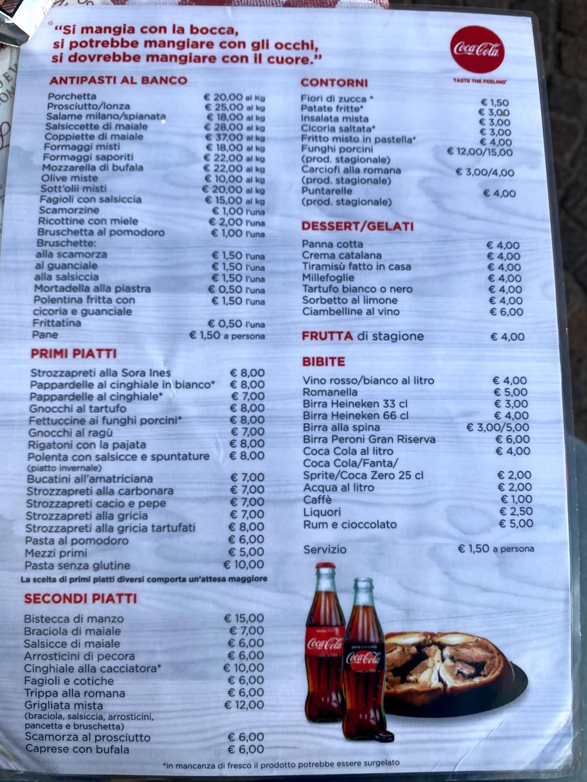 Menu da La Fraschetta De Sora Ines ristorante, Ariccia, Via Borgo S. Rocco