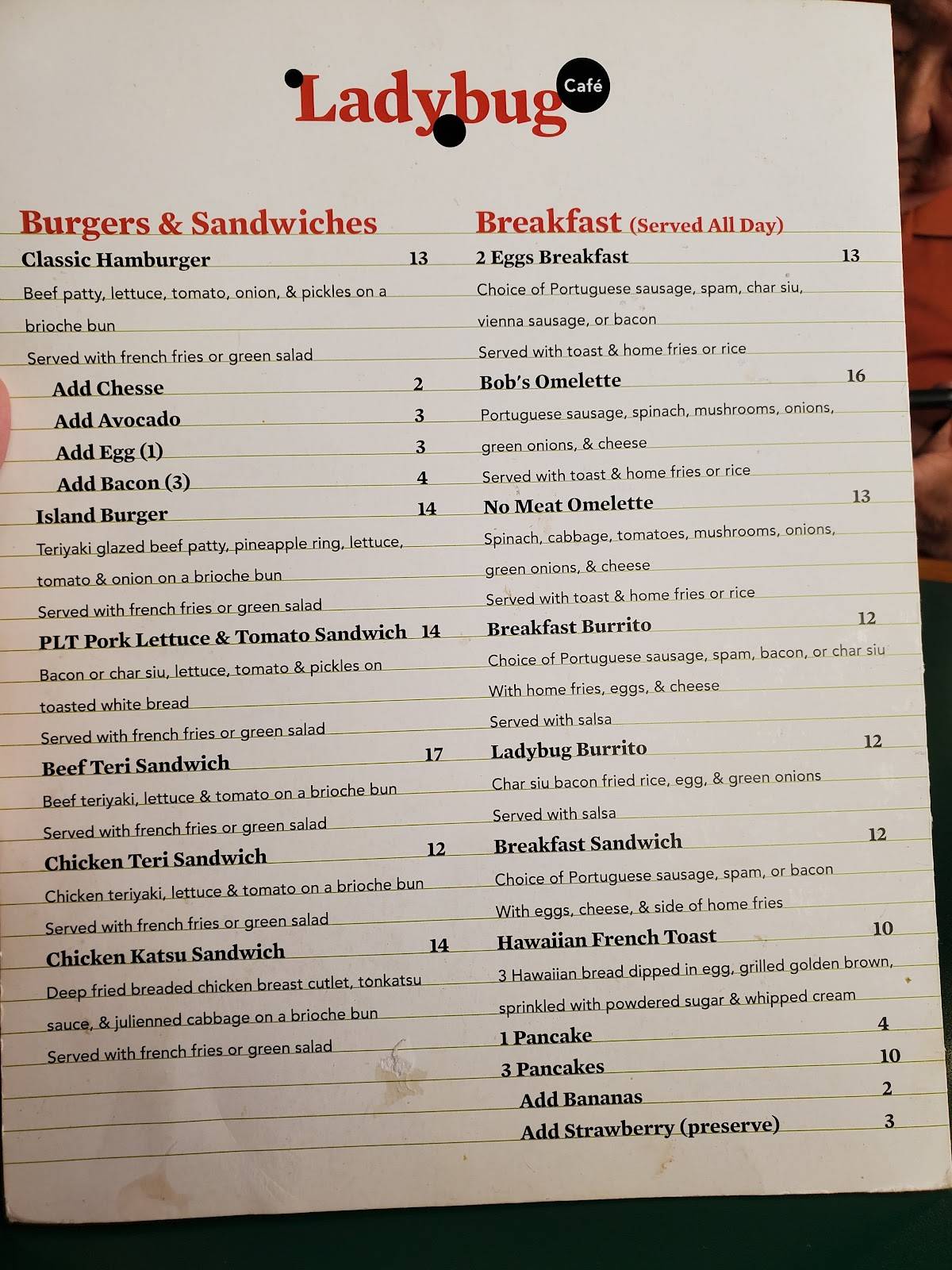 Menu at Ladybug Café restaurant, Gardena, S Western Ave