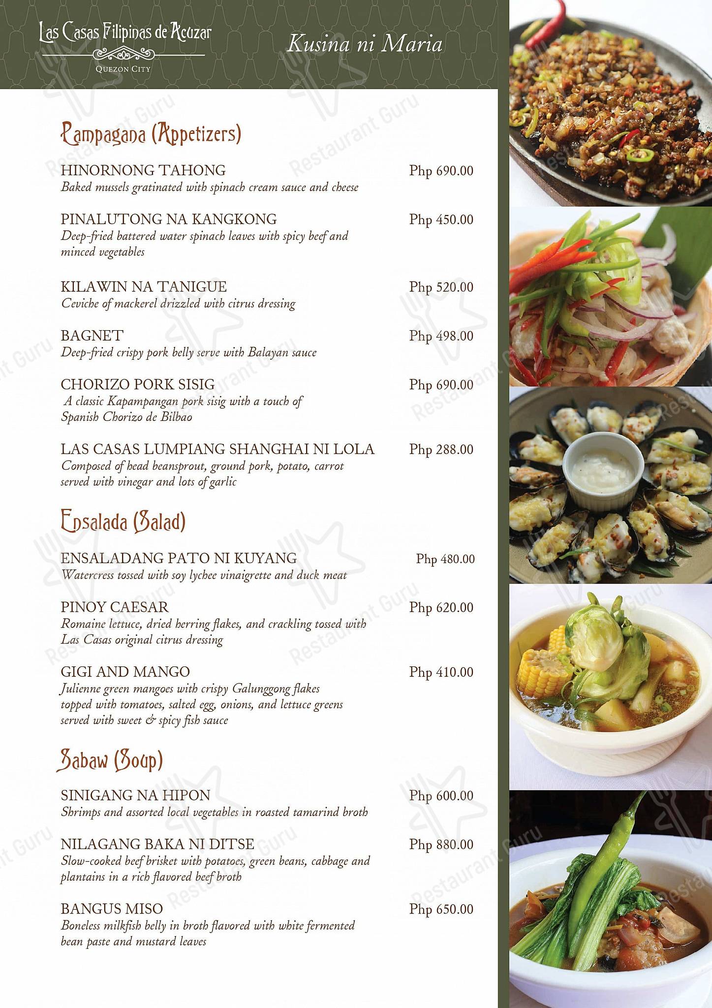 Menu at Las Casas Filipinas de Acuzar Quezon City restaurant, Quezon City