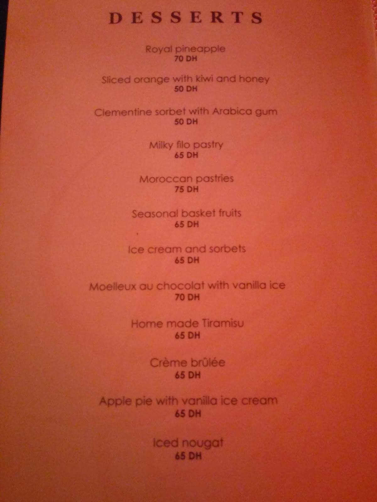 Menu at Le Basmane restaurant, Casablanca