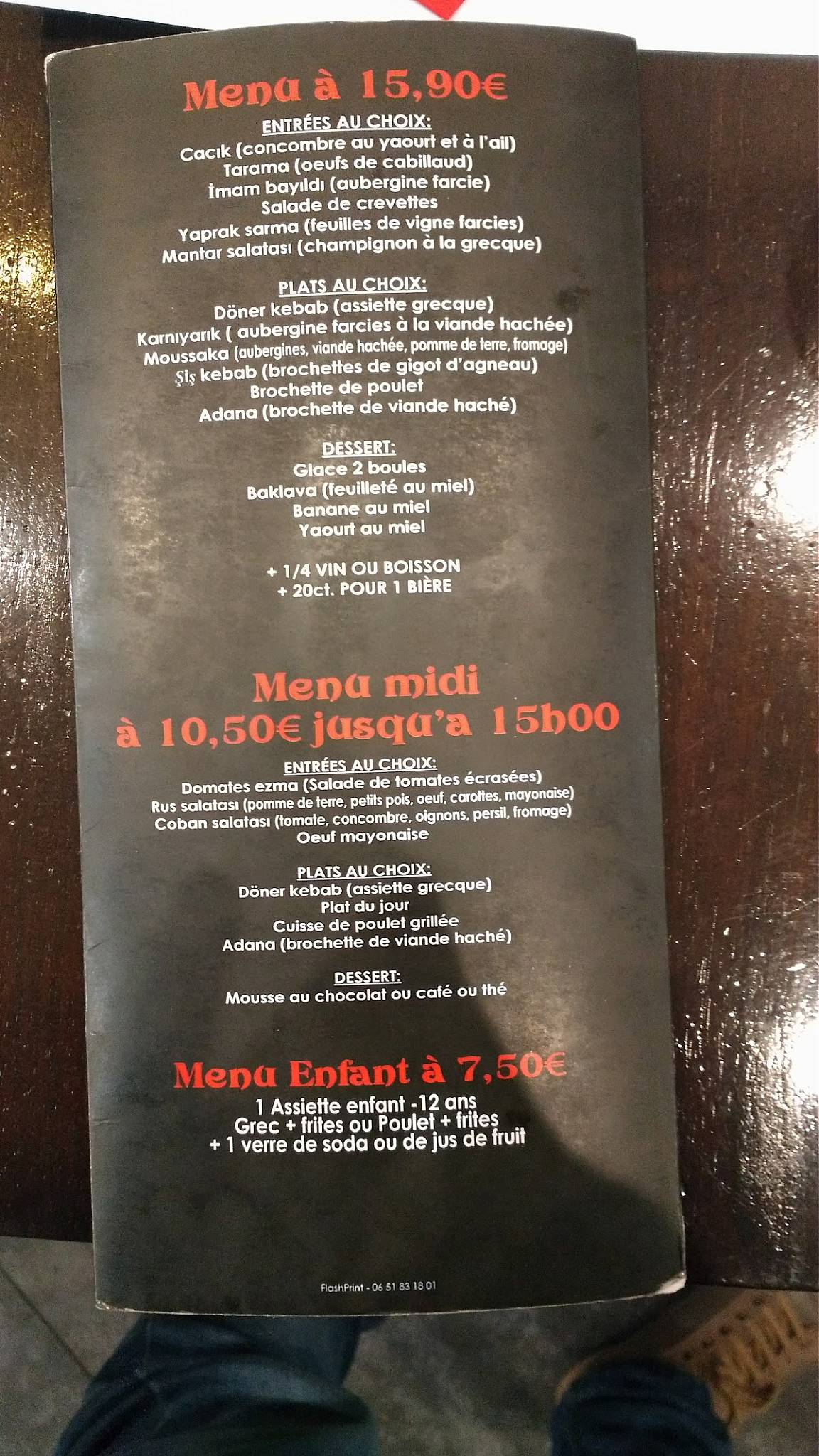 Menu au Le Constantinople restaurant, Le Kremlin-Bicêtre