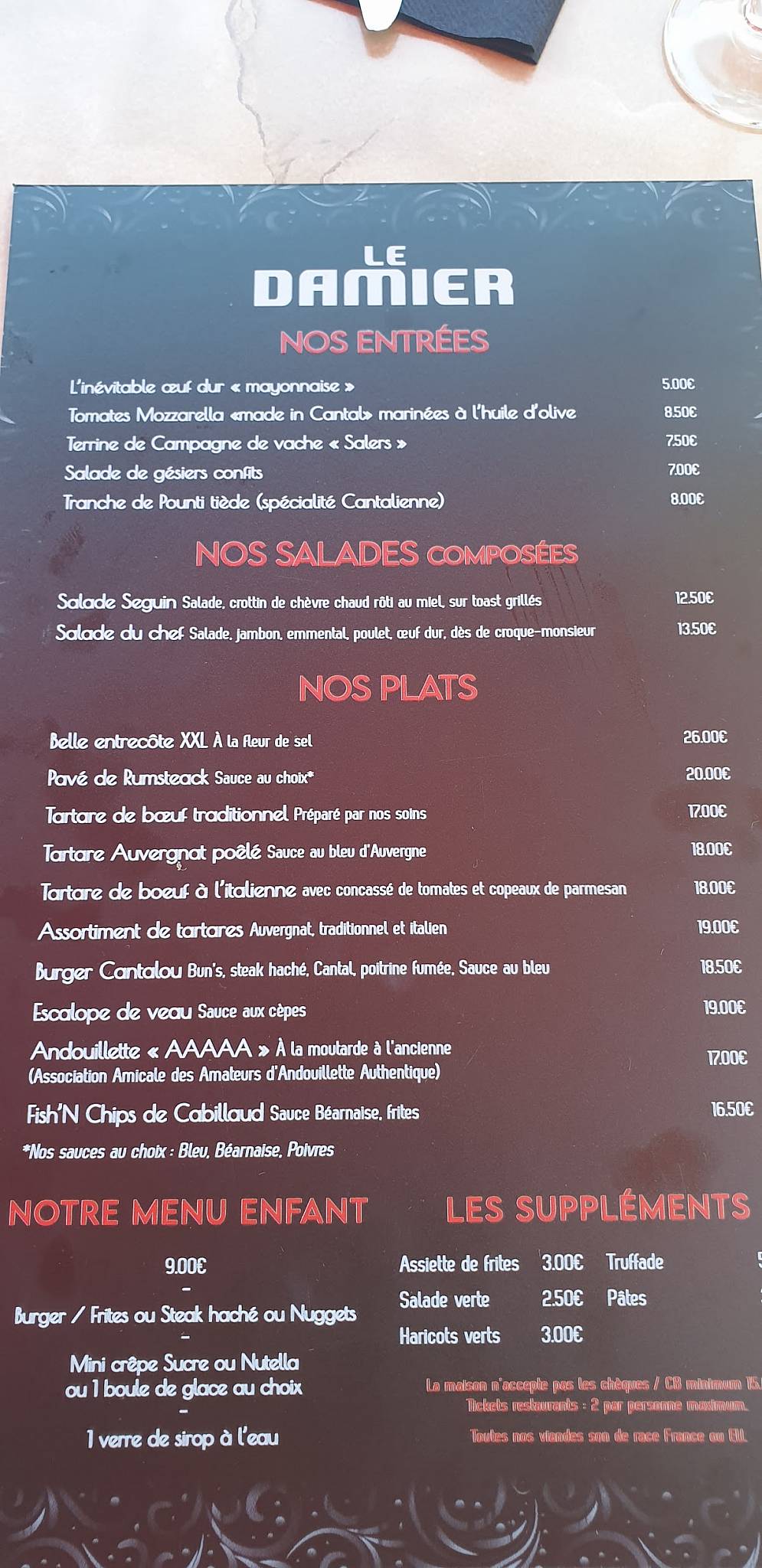 Menu au Le Damier restaurant, Aurillac
