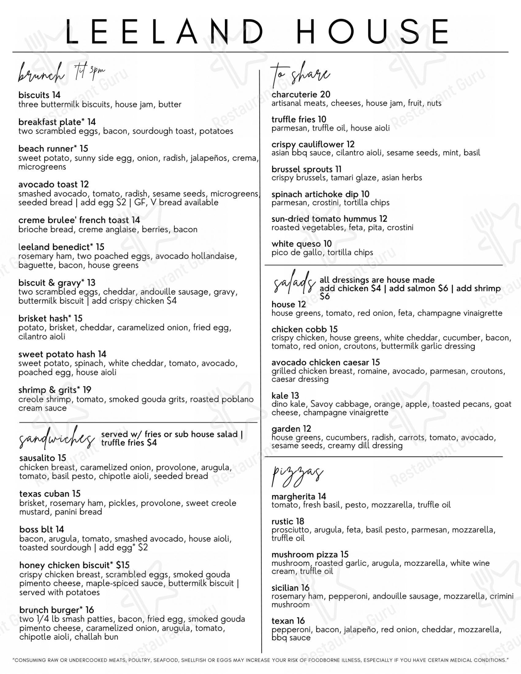 Menu at Leeland House Galveston restaurant, Galveston