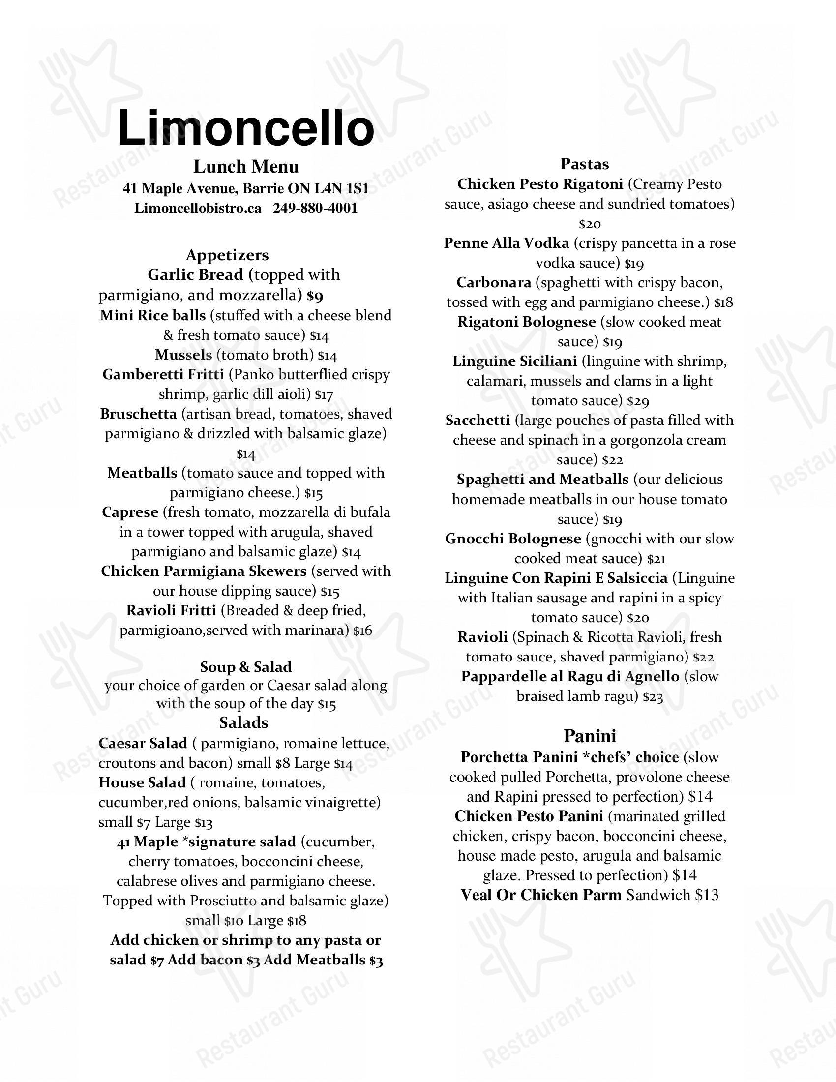 Menu at Limoncello Bistro restaurant, Barrie