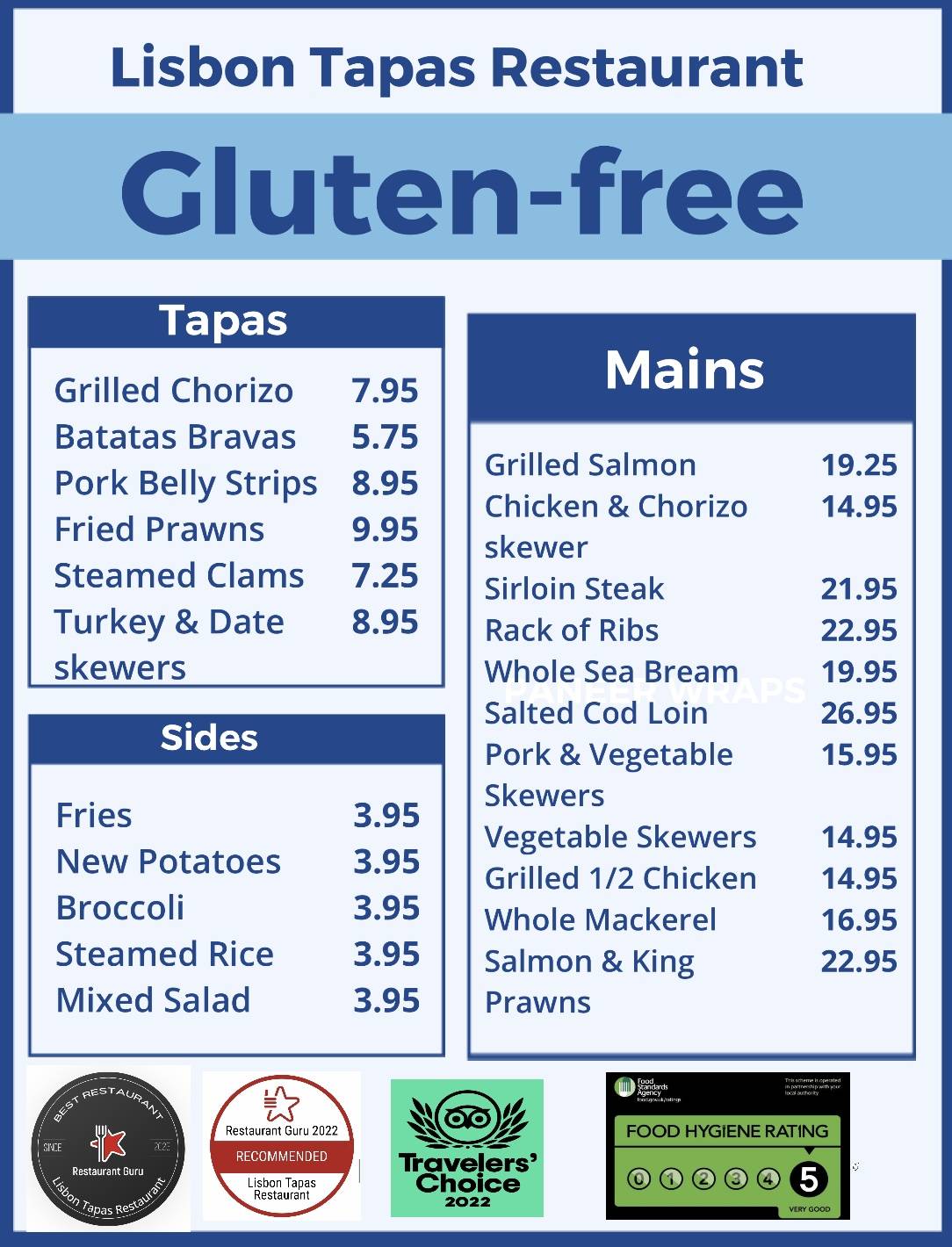 Menu at Lisbon Tapas Restaurant, Wrexham