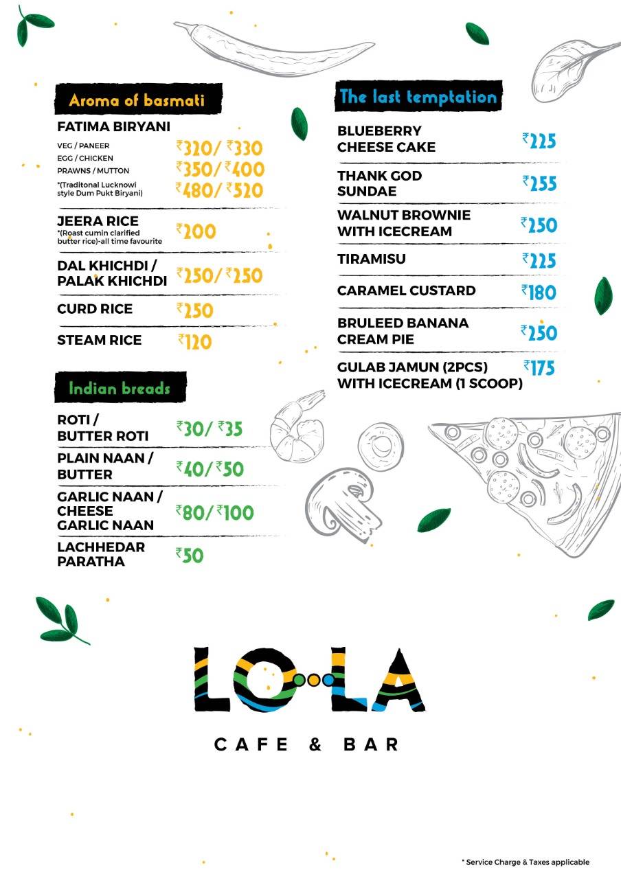 Menu at Lola cafe and bar, Lonavala