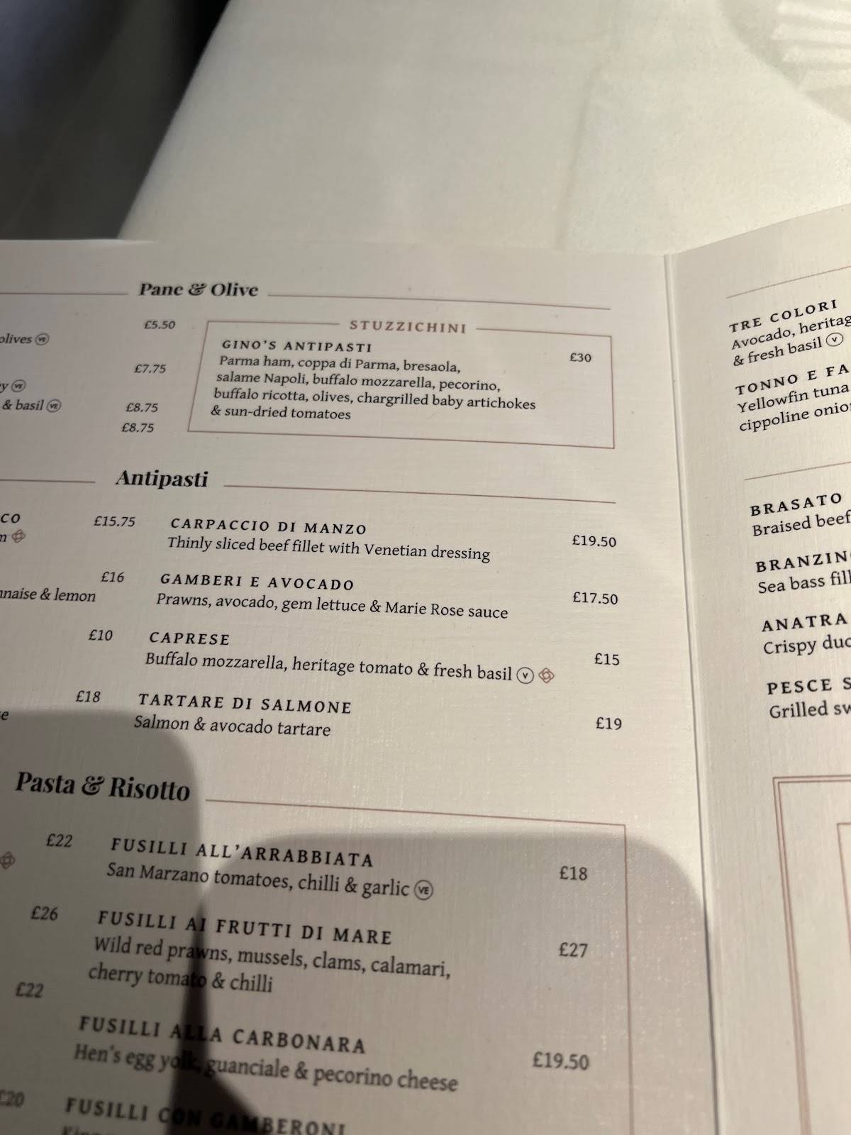 Carta del restaurante Luciano by Gino D'Acampo, Londres