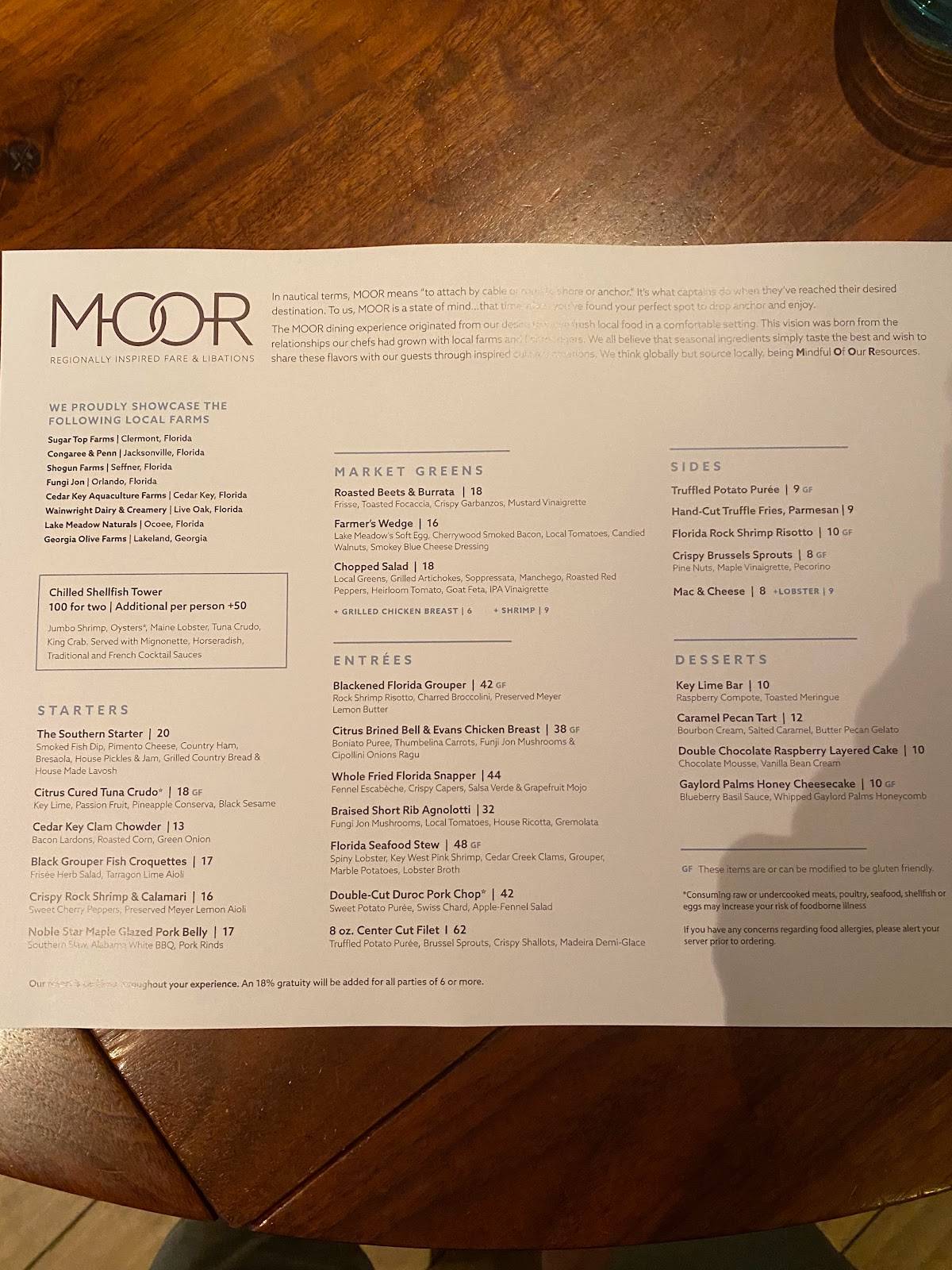Menu at MOOR restaurant, Kissimmee