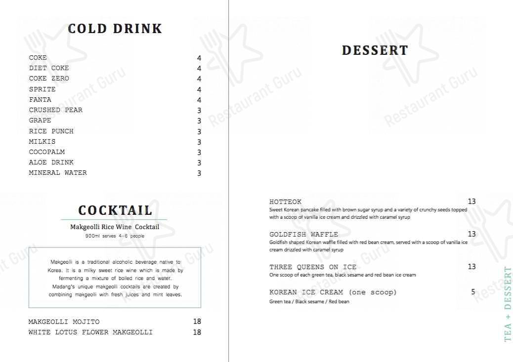 Menu at Madang Korean BBQ, Mitcham