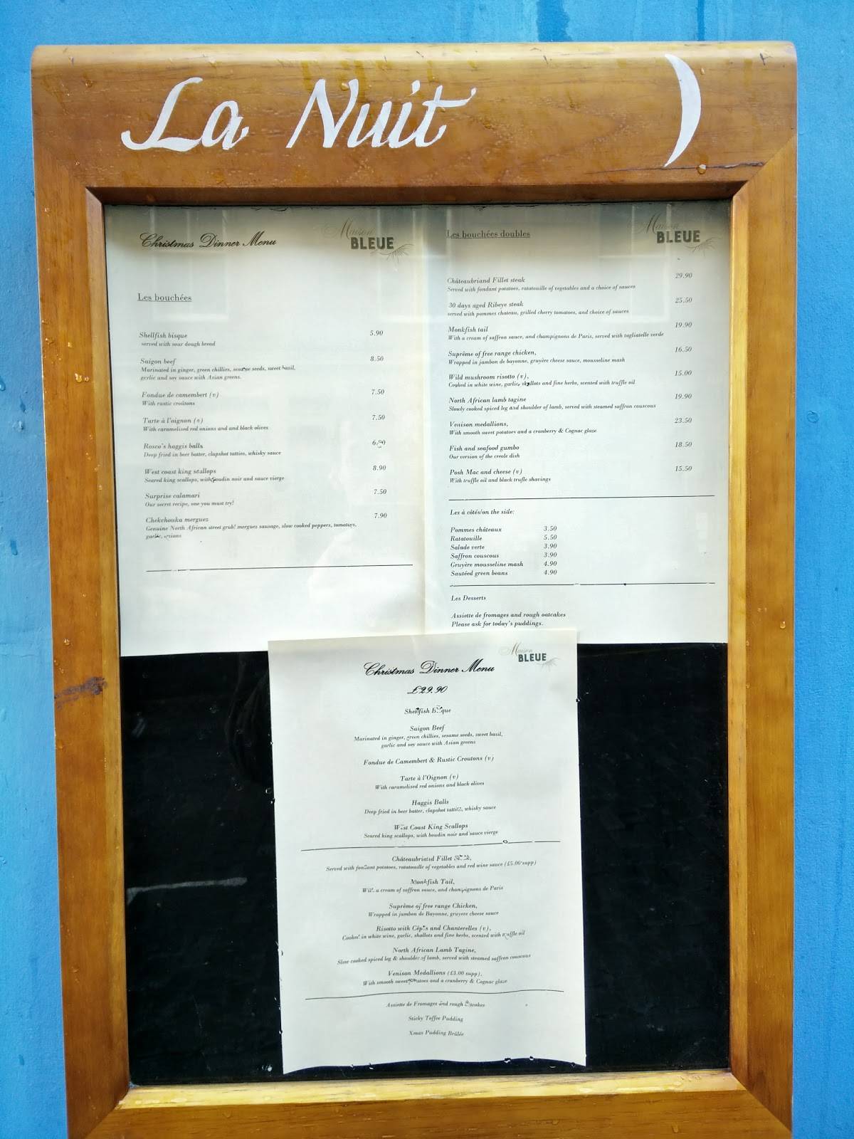 Menu at Maison Bleue restaurant, Edinburgh