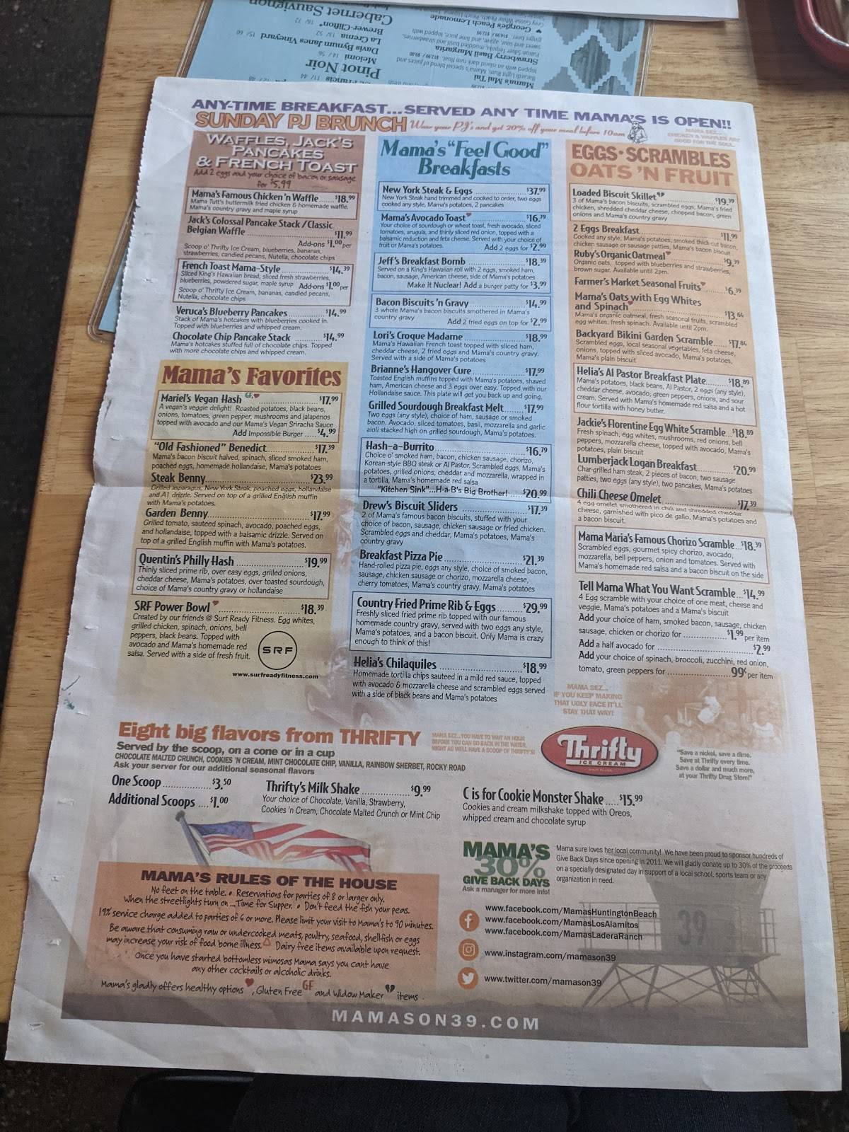 Menu at Mama's on 39 restaurant, Huntington Beach