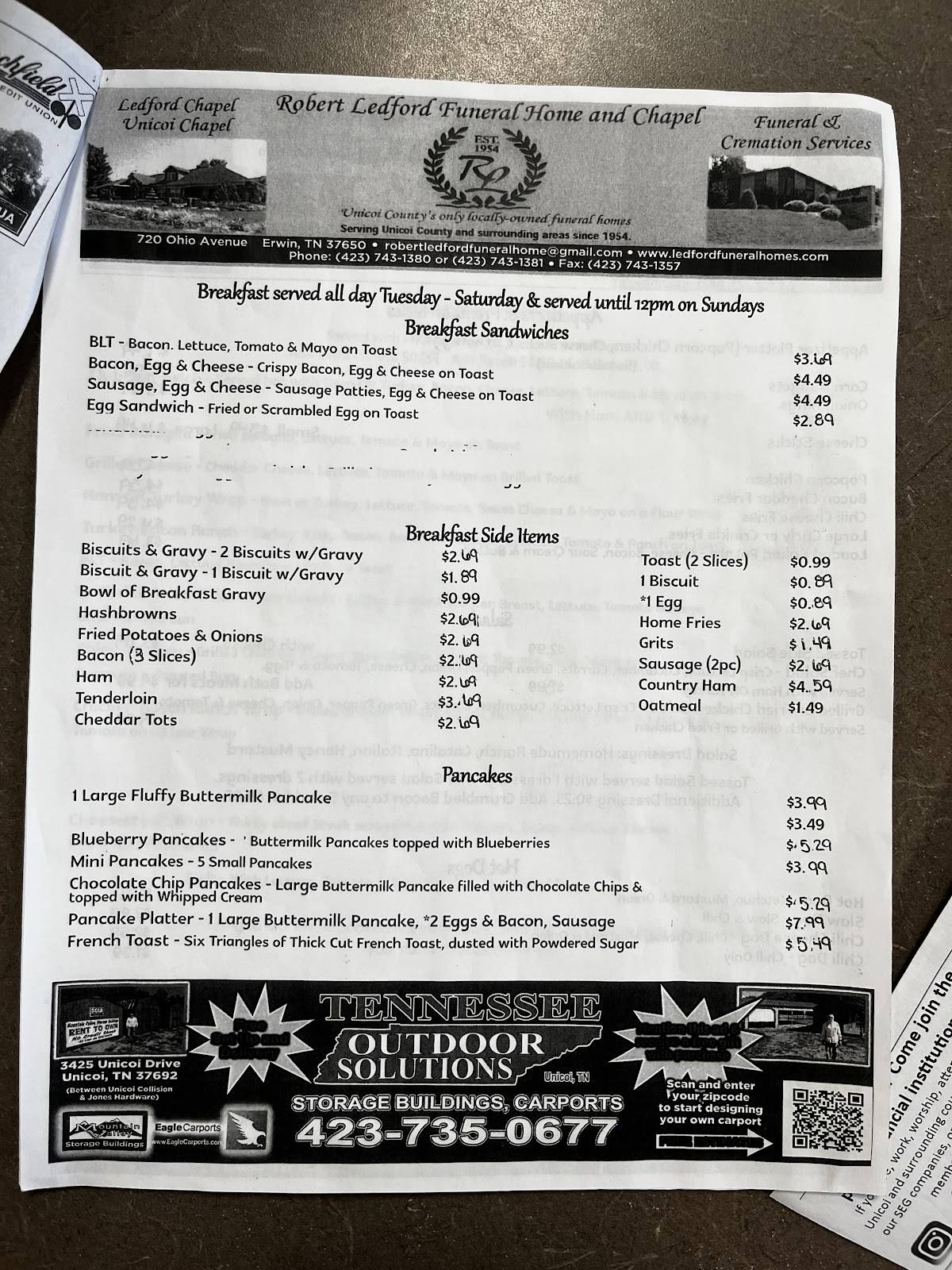 Menu at Maple Grove Restaurant, Unicoi