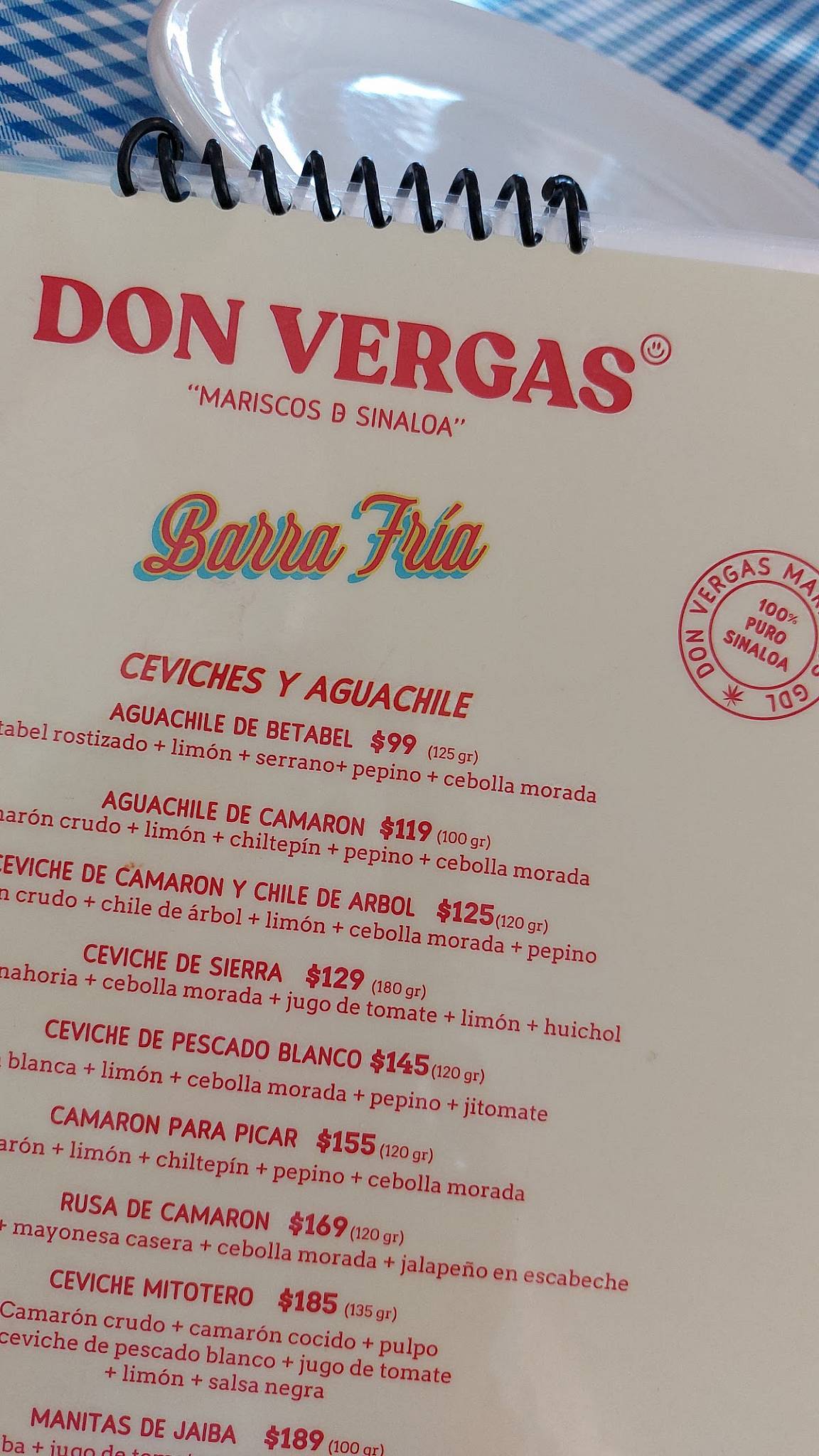 Carta del restaurante Mariscos Don Vergas, Guadalajara