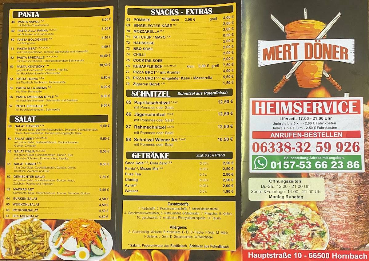 Menu at Mert Döner restaurant, Hornbach