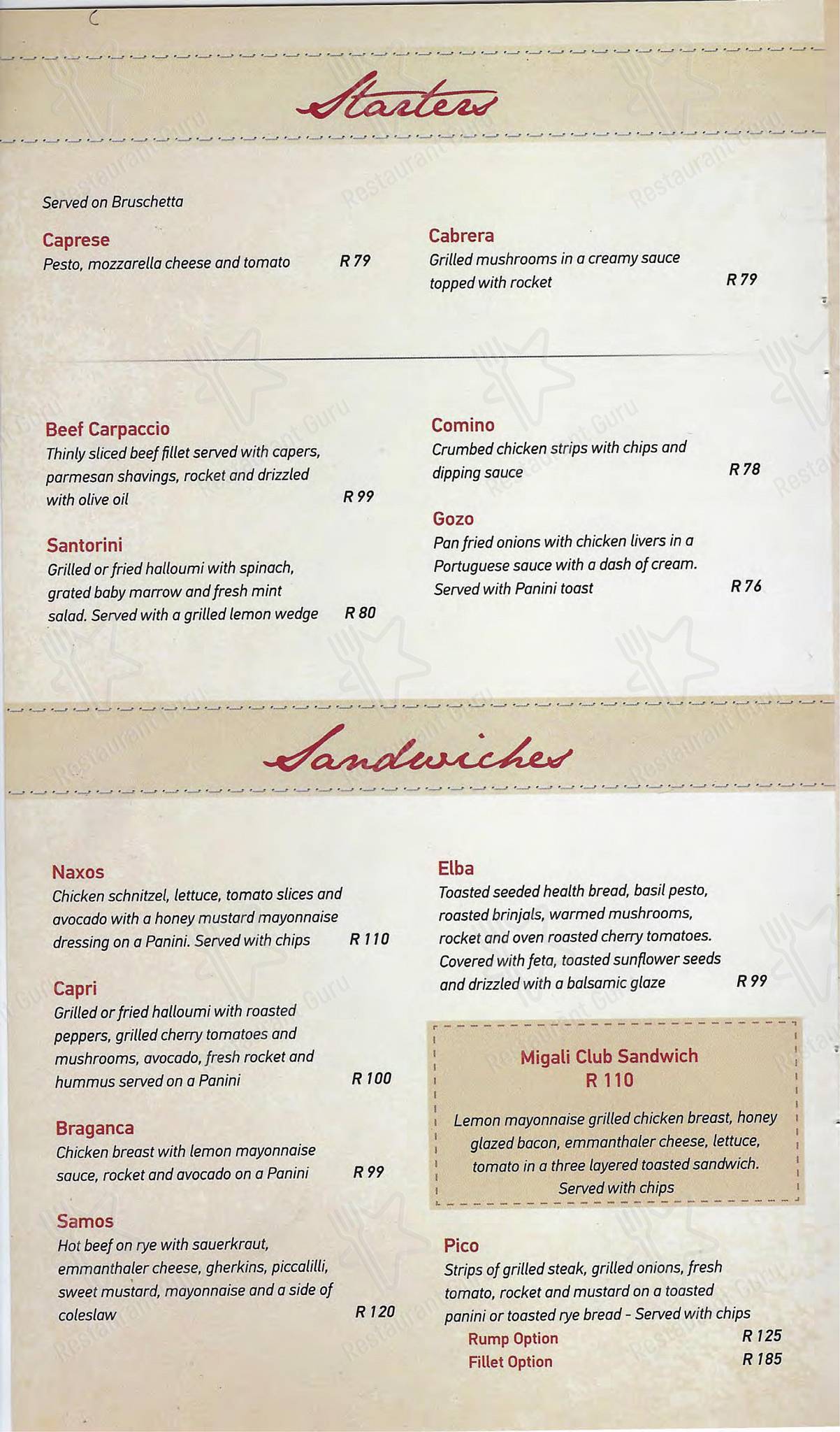 Menu at Migali restaurant, Johannesburg, Oaklands Shopping Center