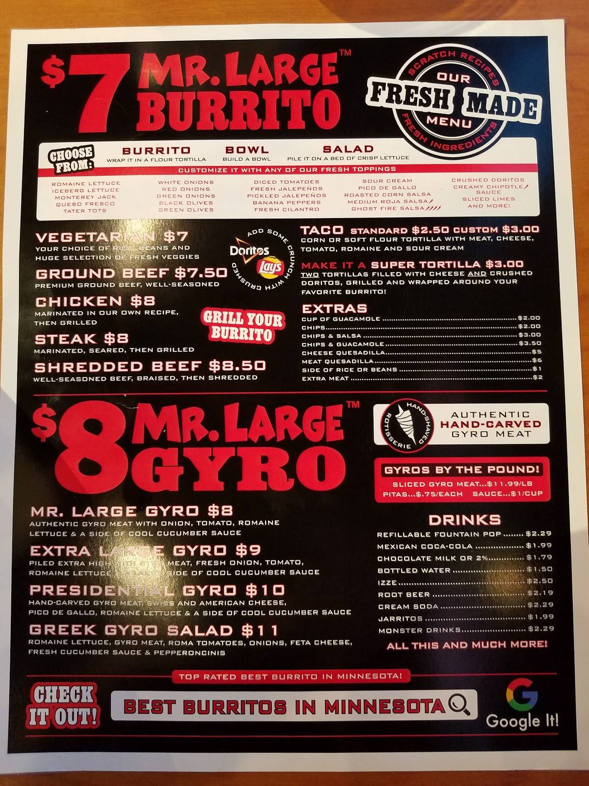 Menu at Mr Large Burrito restaurant, Forest Lake, Forest Blvd N Suite 100