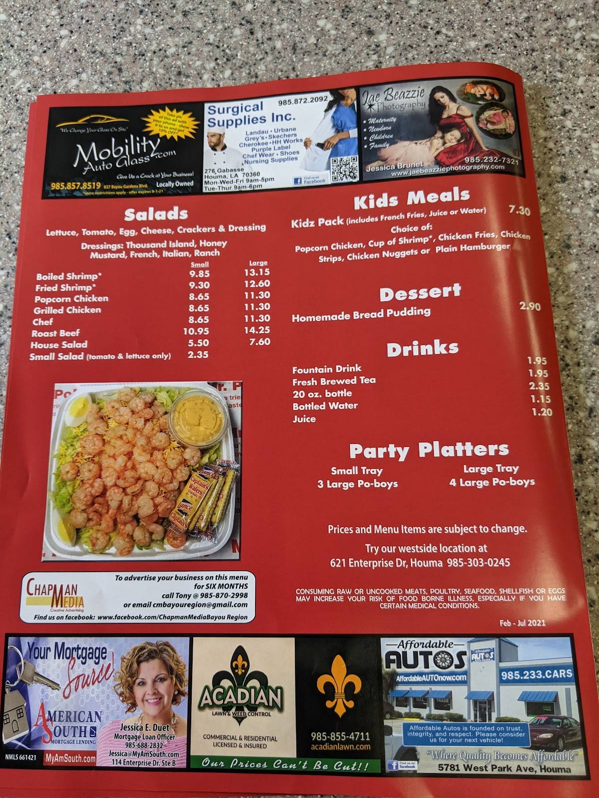 Menu at Mr. Po-Boy - West Side restaurant, Houma, 621 Enterprise Dr