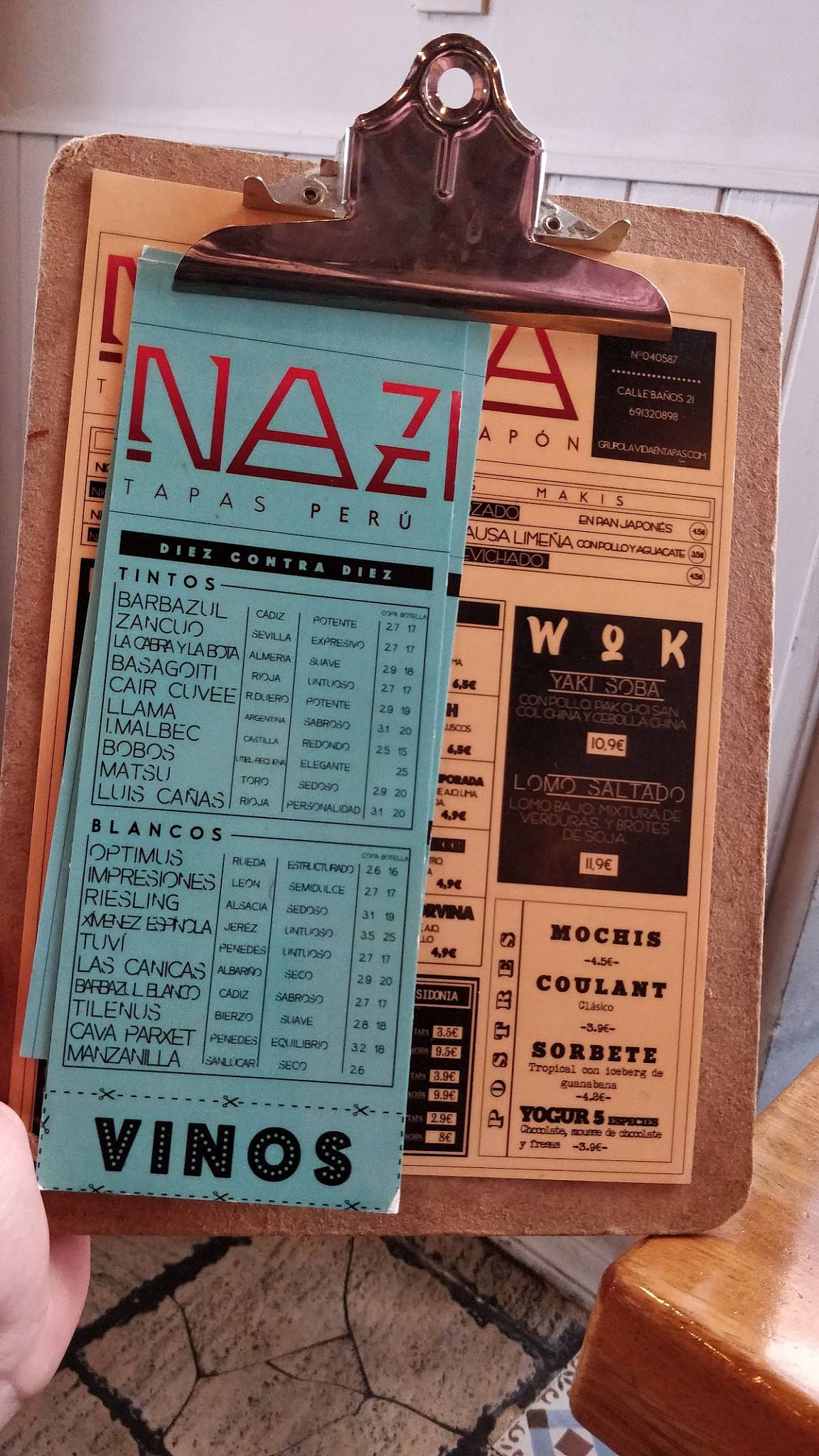 Carta del restaurante Nazca, Sevilla