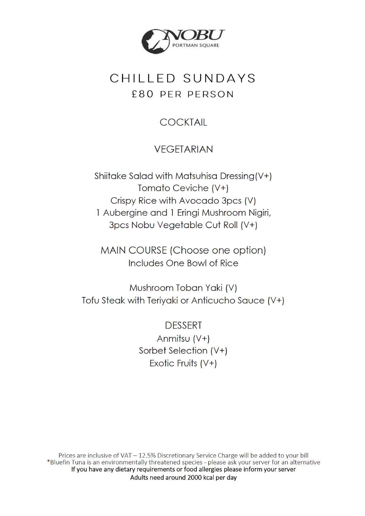 Menu at Nobu Restaurant Portman Square, London