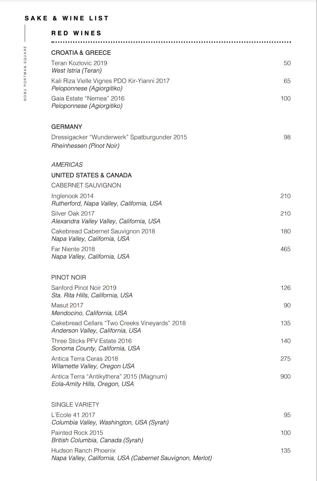 Menu at Nobu Restaurant Portman Square, London