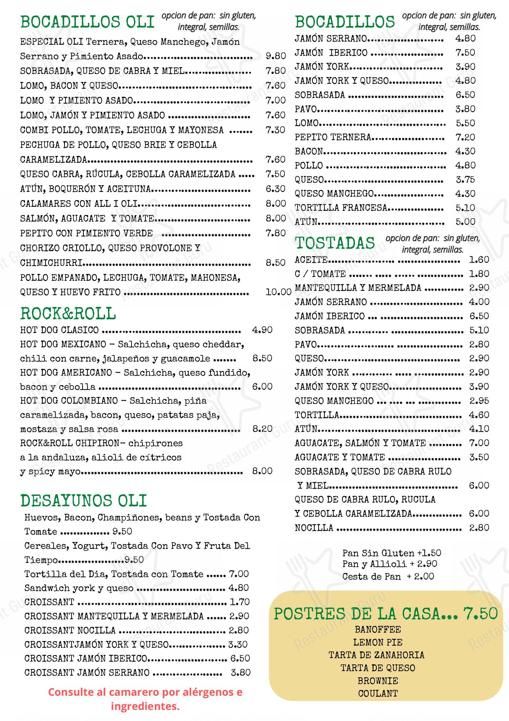 Carta de Oli Beach Restaurant, Ibiza, Passeig ses Pitiüses