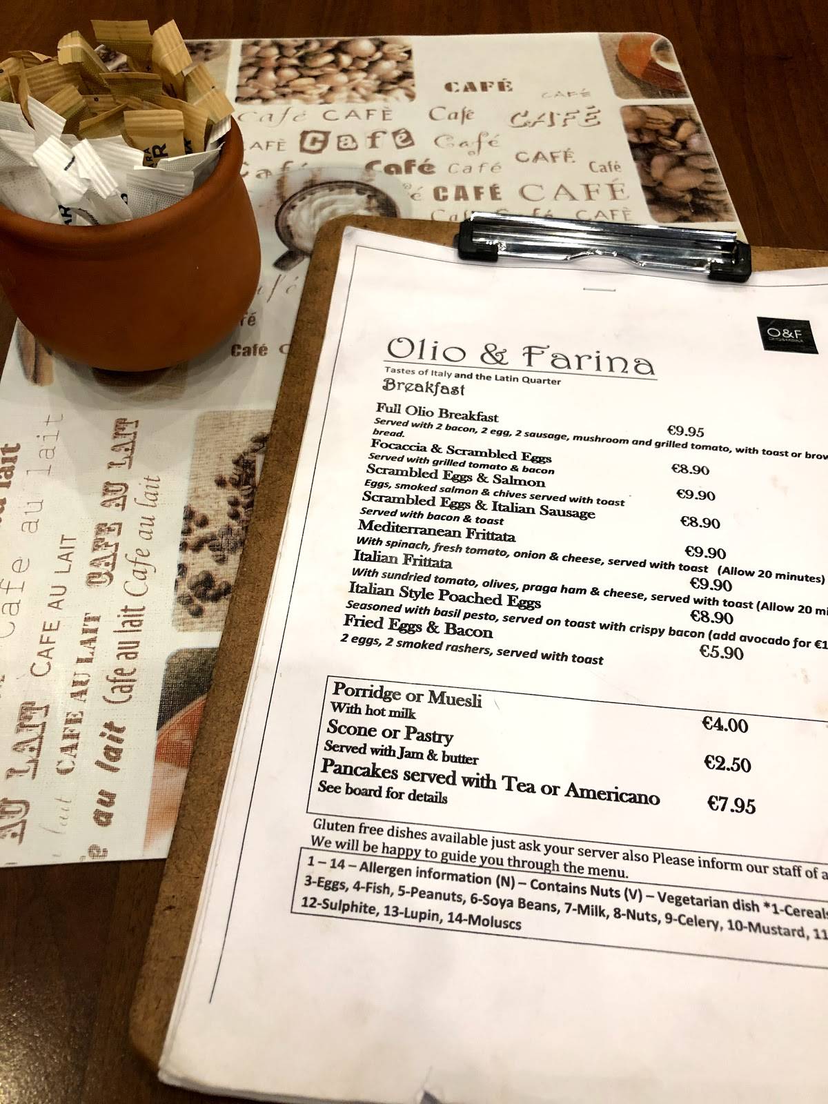 Menu at Olio and Farina restaurant, Limerick