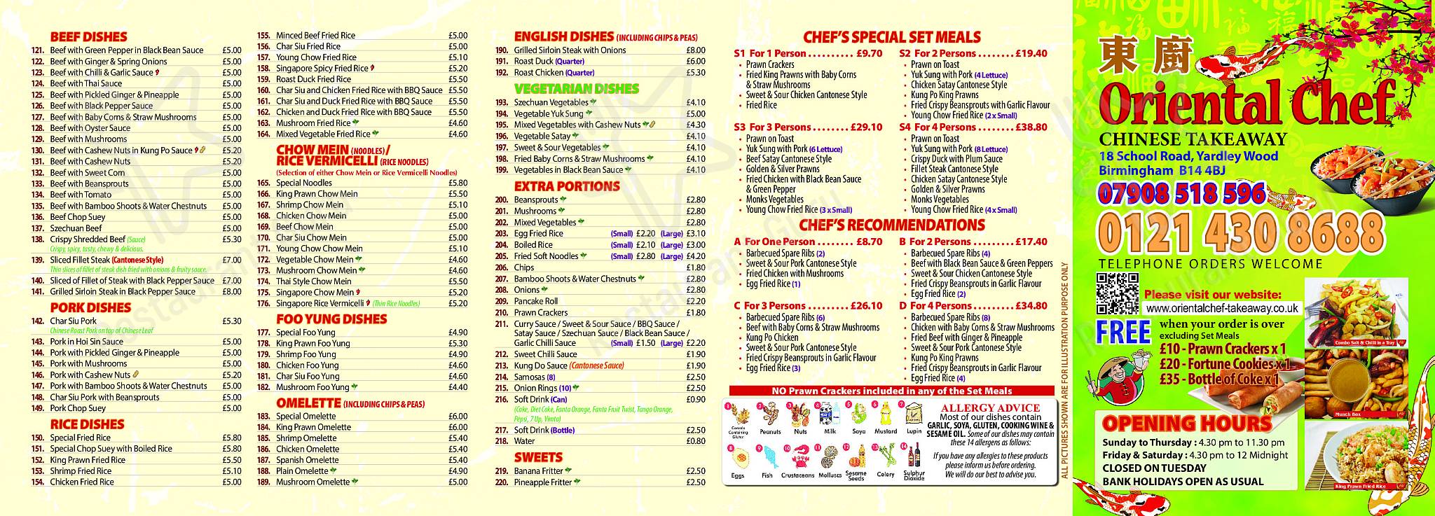 Menu at Oriental Chef fast food, Glastonbury