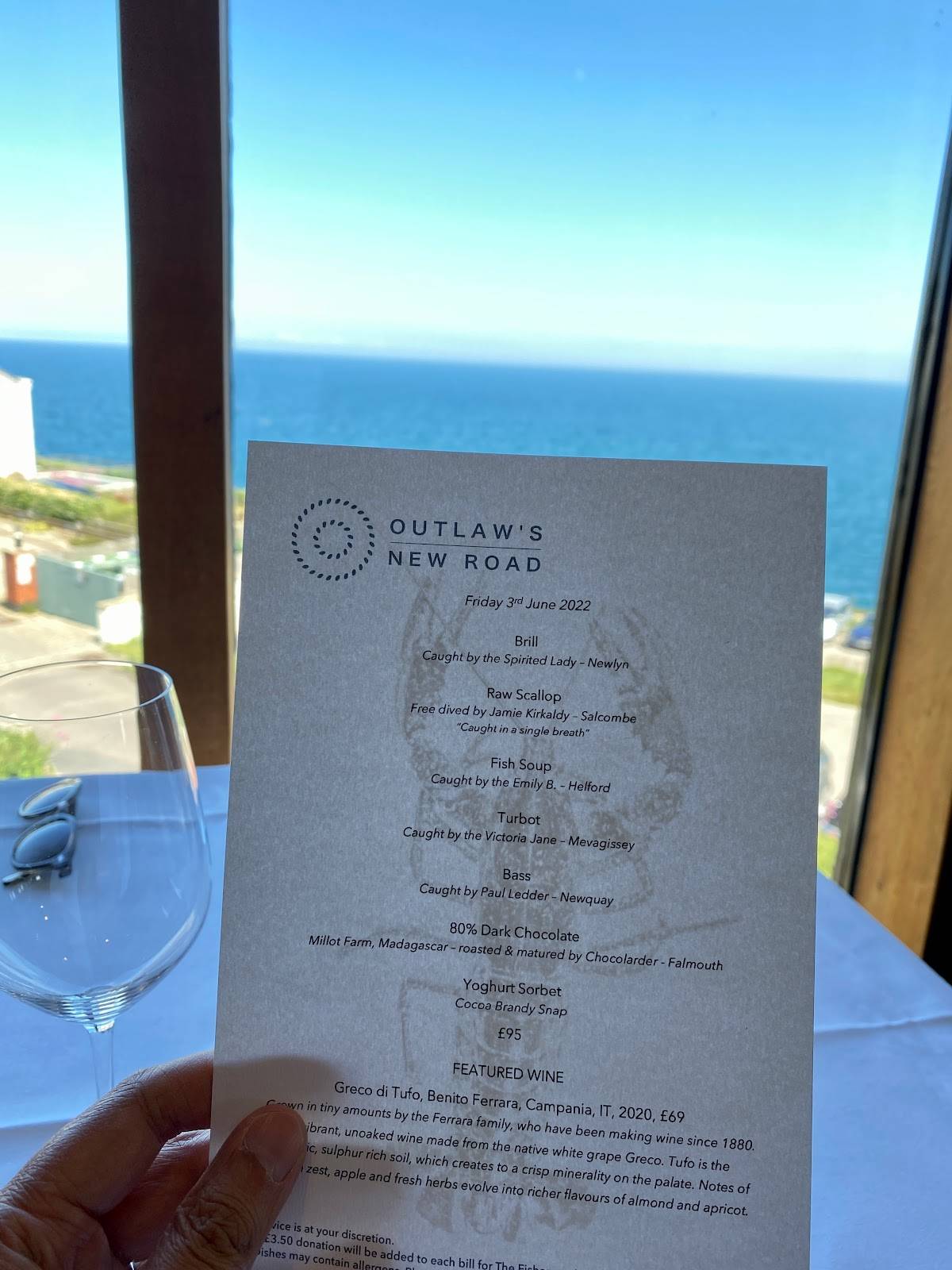 Menu at Outlaw's New Road restaurant, Port Isaac