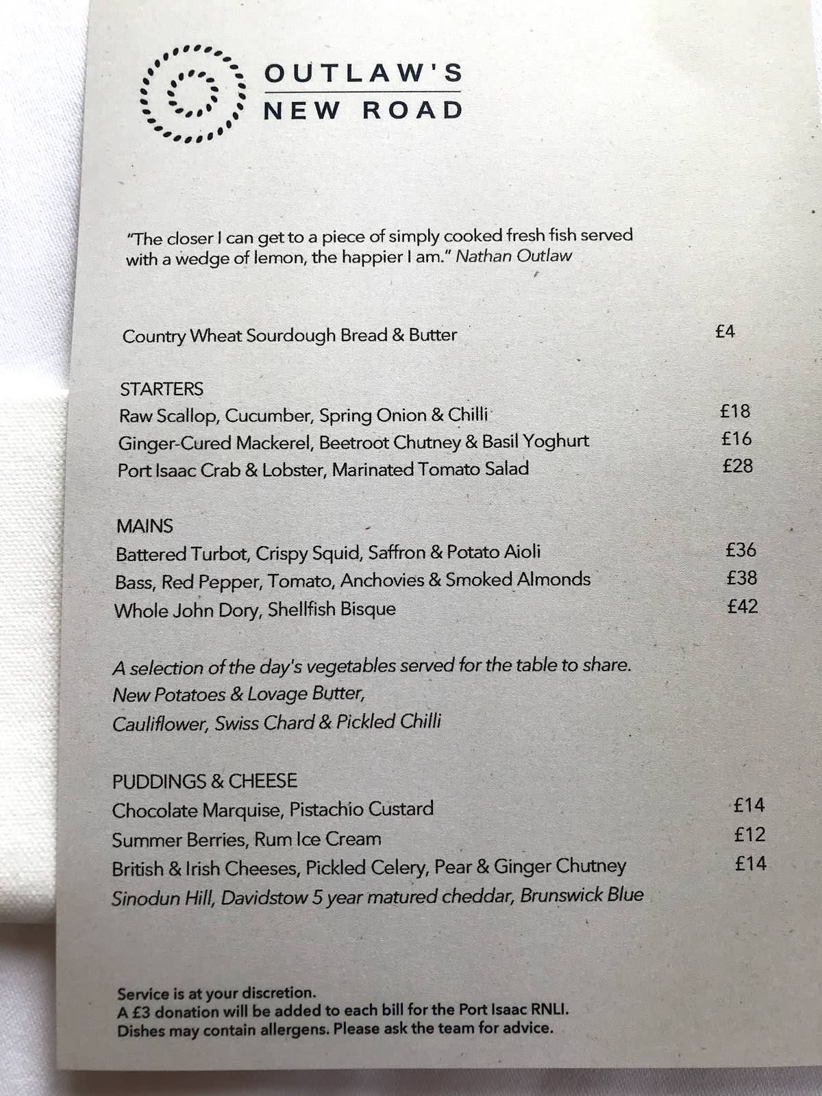 Menu at Outlaw's New Road restaurant, Port Isaac