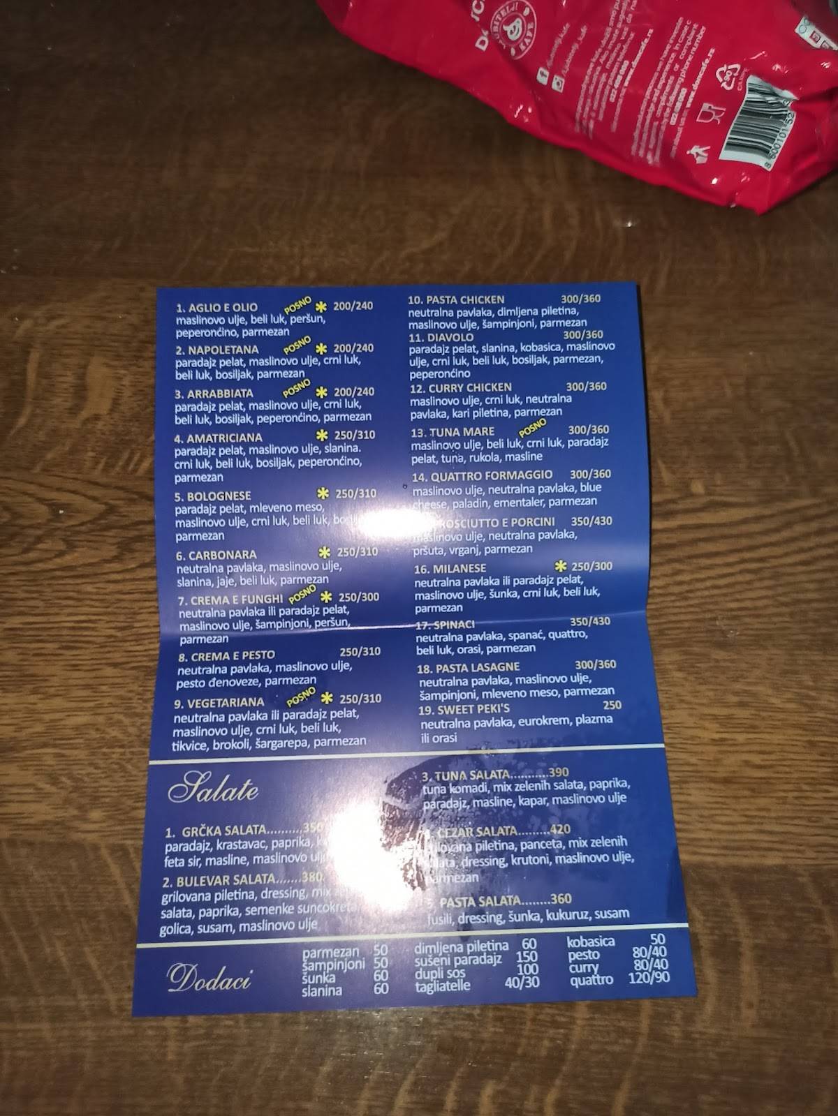 Menu at Pasta Bar Bulevar, Belgrade, Bulevar kralja Aleksandra 144