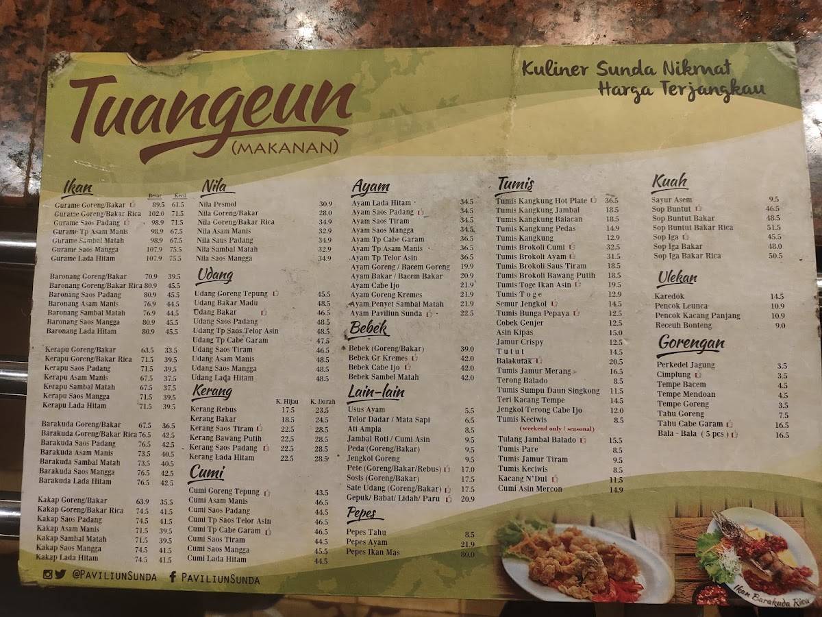 Menu at Paviliun Sunda restaurant, Bandung