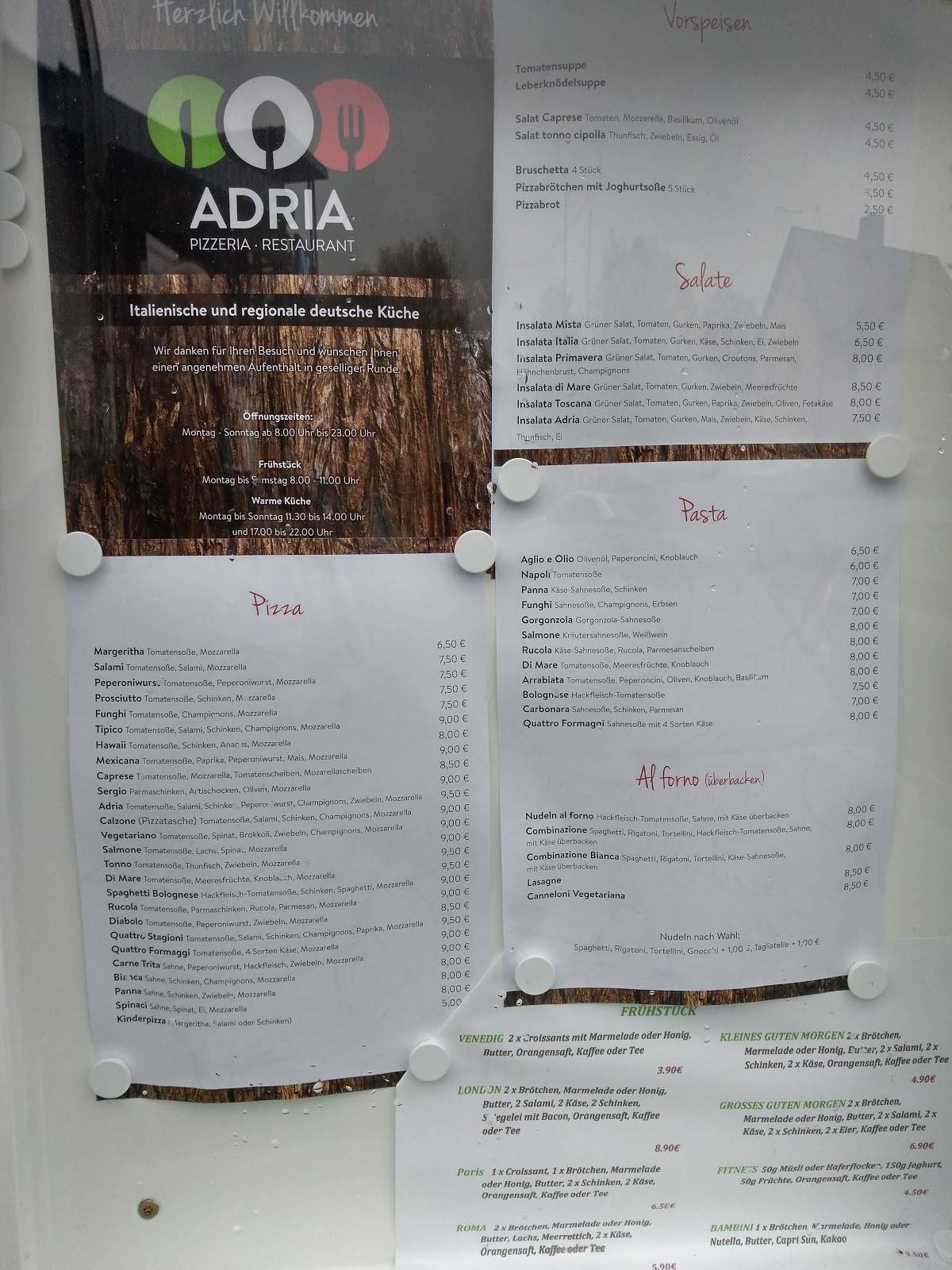 Speisekarte von Restaurant Pizzeria Adria, Nastätten