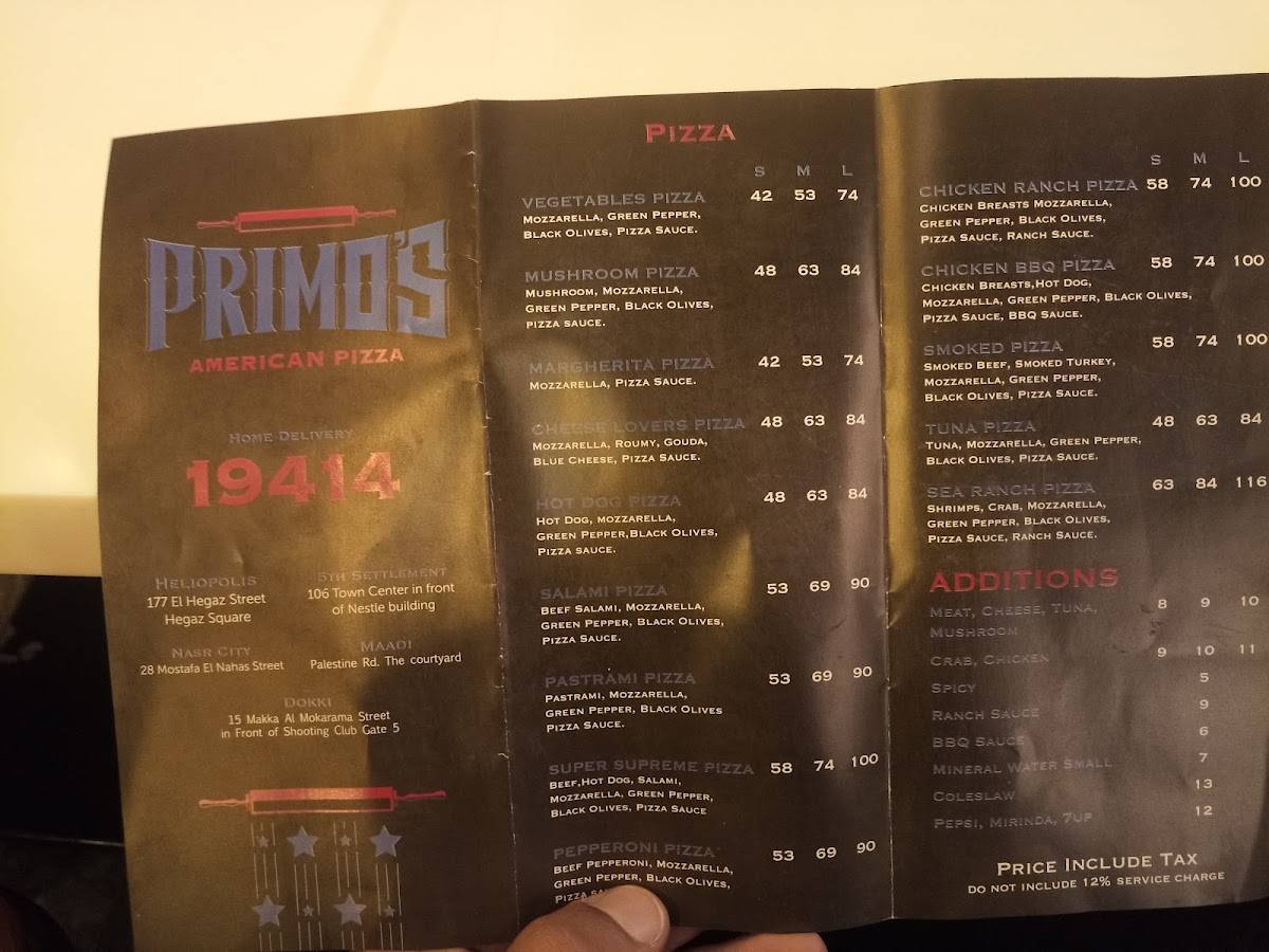 Menu at Primo's Pizza restaurant, Cairo, 177 El Hegaz St