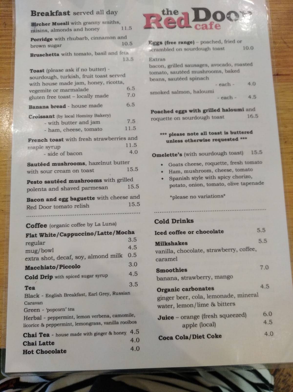 Menu at Red Door Cafe, Leura
