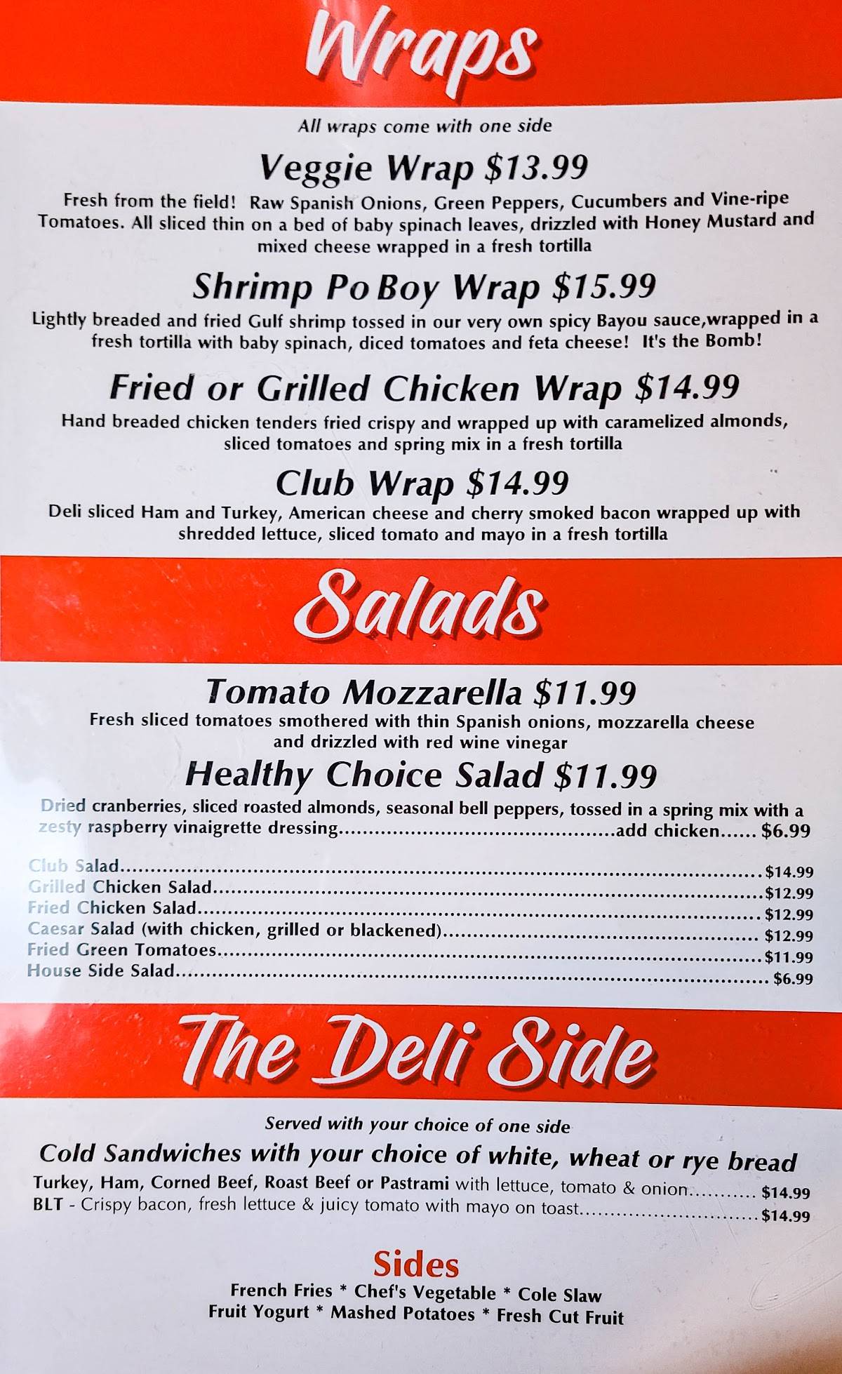 Menu at Red's Restaurant, Hernando