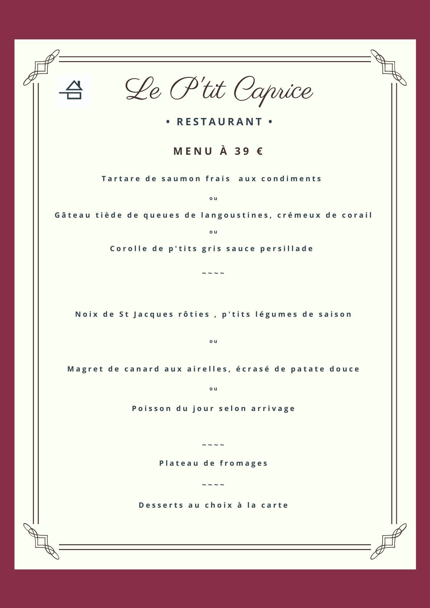 Menu au Le P'tit Caprice restaurant, Vouhé